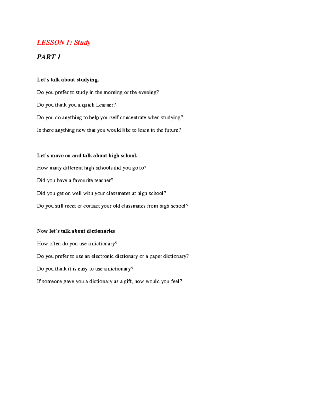 Speaking-BAND-9 - scdc - LESSON 1: Study PART 1 Let’s talk about ...