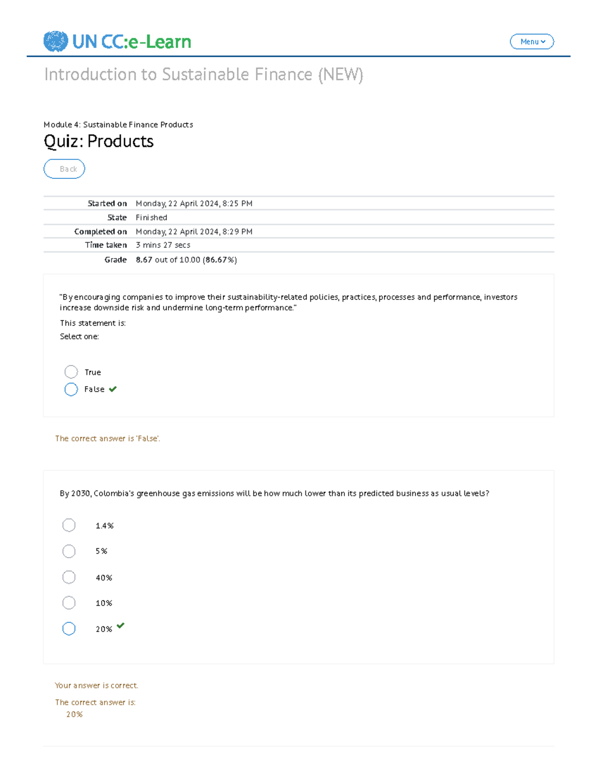 Quiz Products Attempt review One UN Climate Change Learning Partnership ...