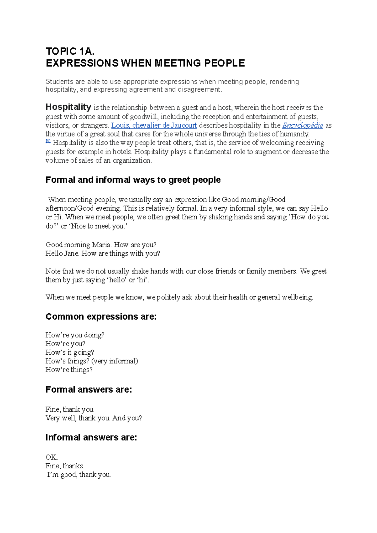 M1. Topic 1A. Expressions WHEN Meeting People - TOPIC 1A. EXPRESSIONS ...