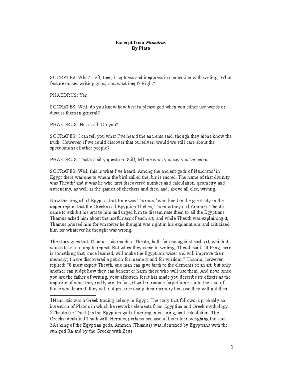 Phaedrus excerpt new trans - Excerpt from Phaedrus By Plato SOCRATES ...