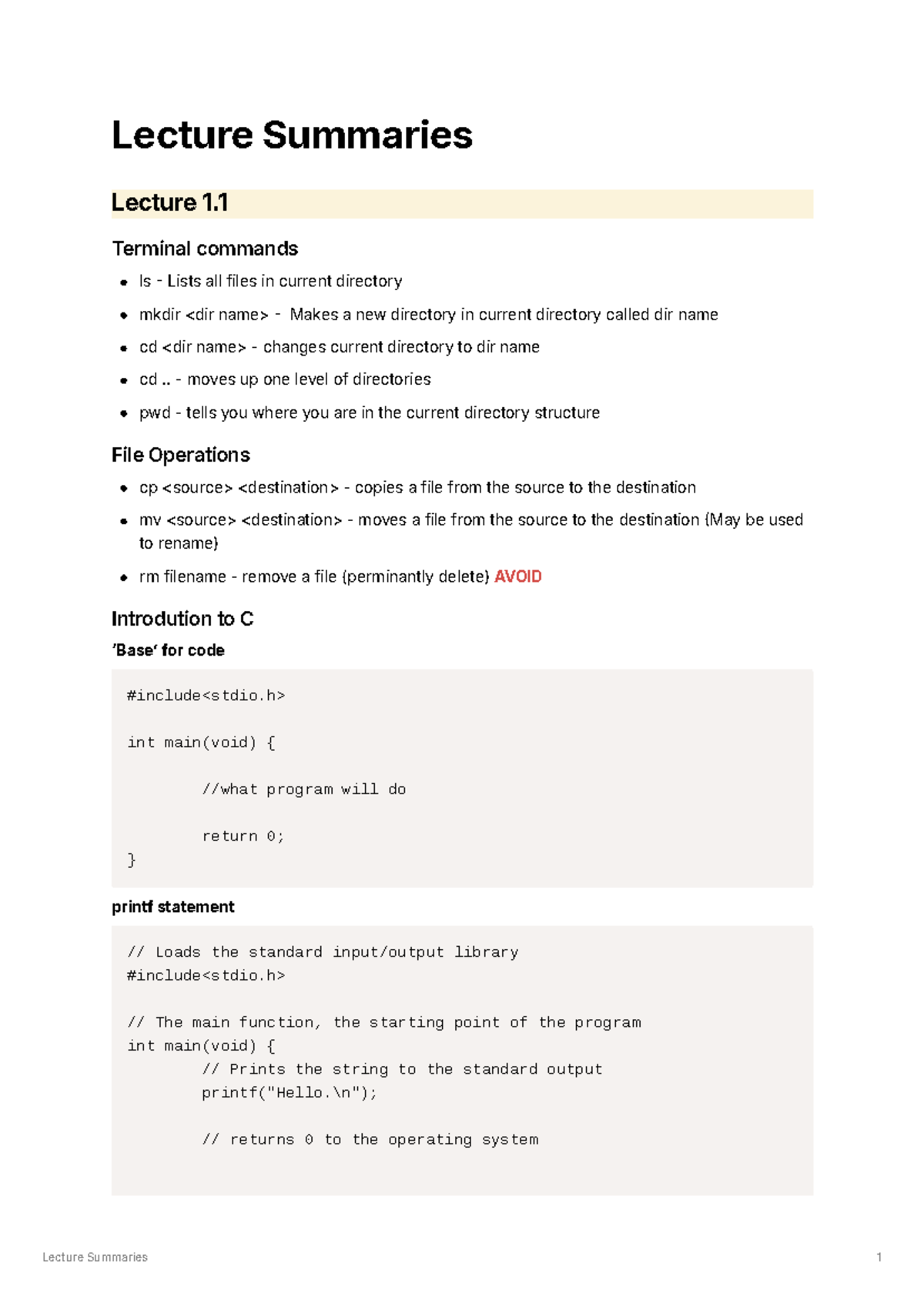 Comp1511 Lecture Summary Notes Lecture Summaries Lecture 1 Terminal Commands Ls Lists All 9750