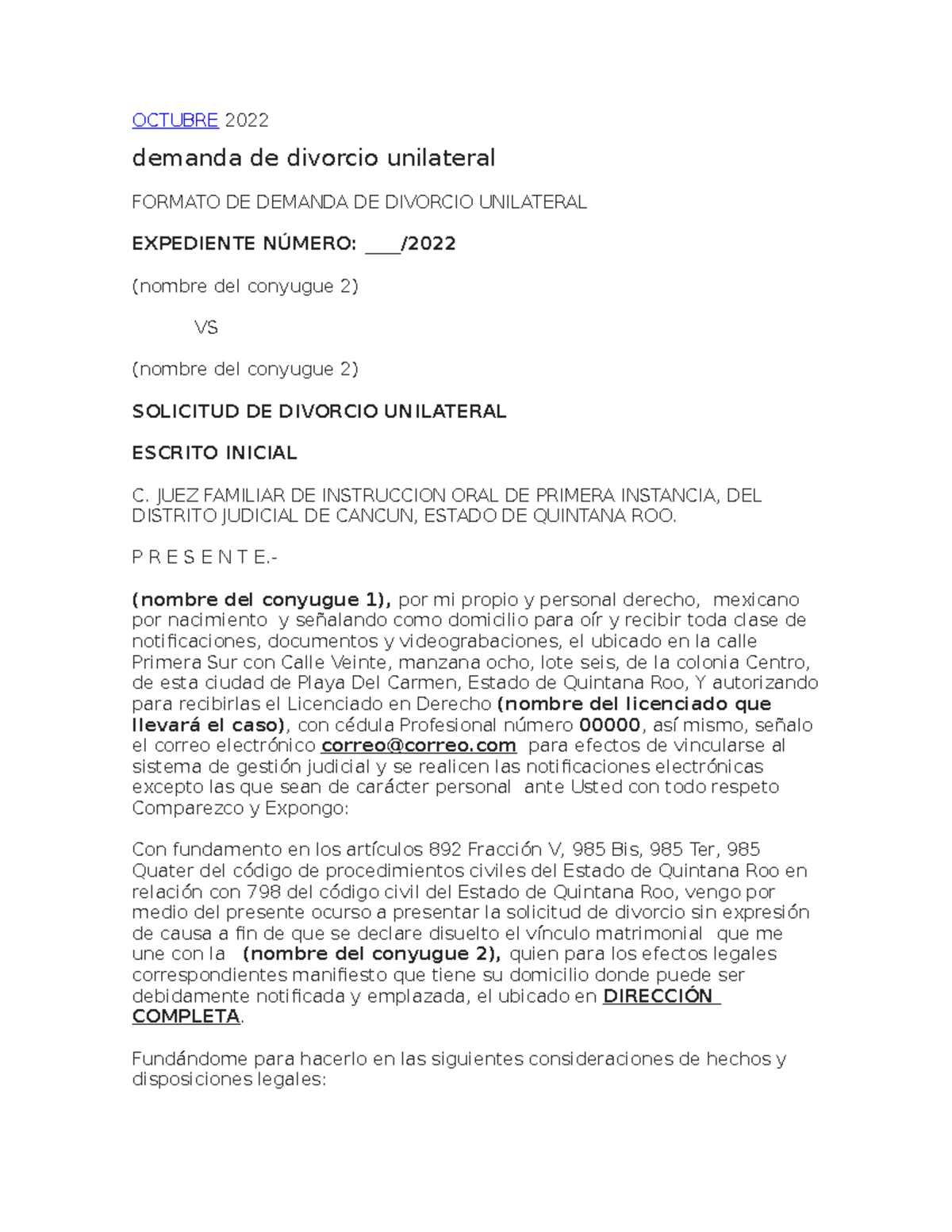 Octubre 2022 Divorcio Unilateral Cancun - OCTUBRE 2022 demanda de ...