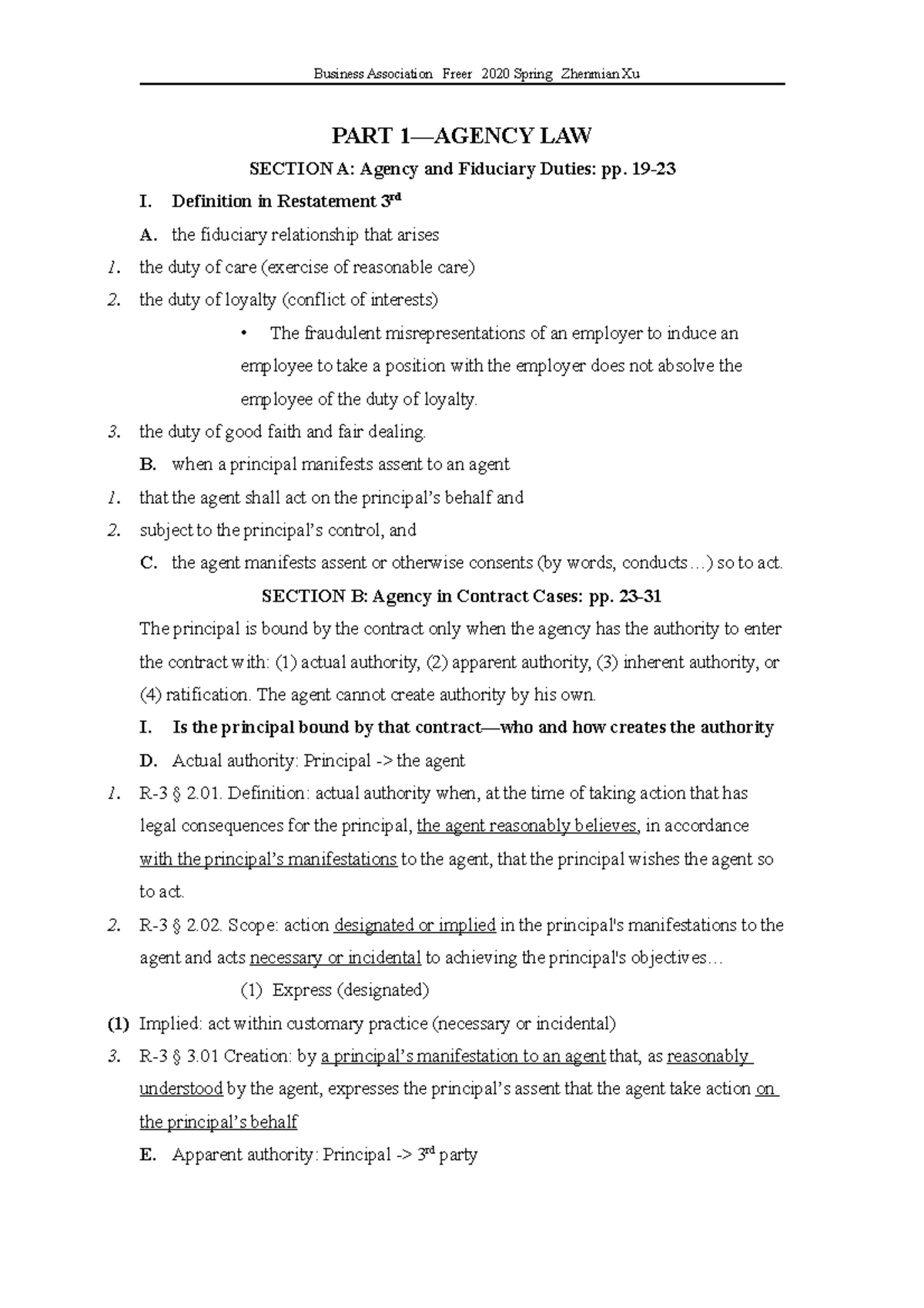 BA outline 2 - ba for freer - PART 1—AGENCY LAW SECTION A: Agency and ...