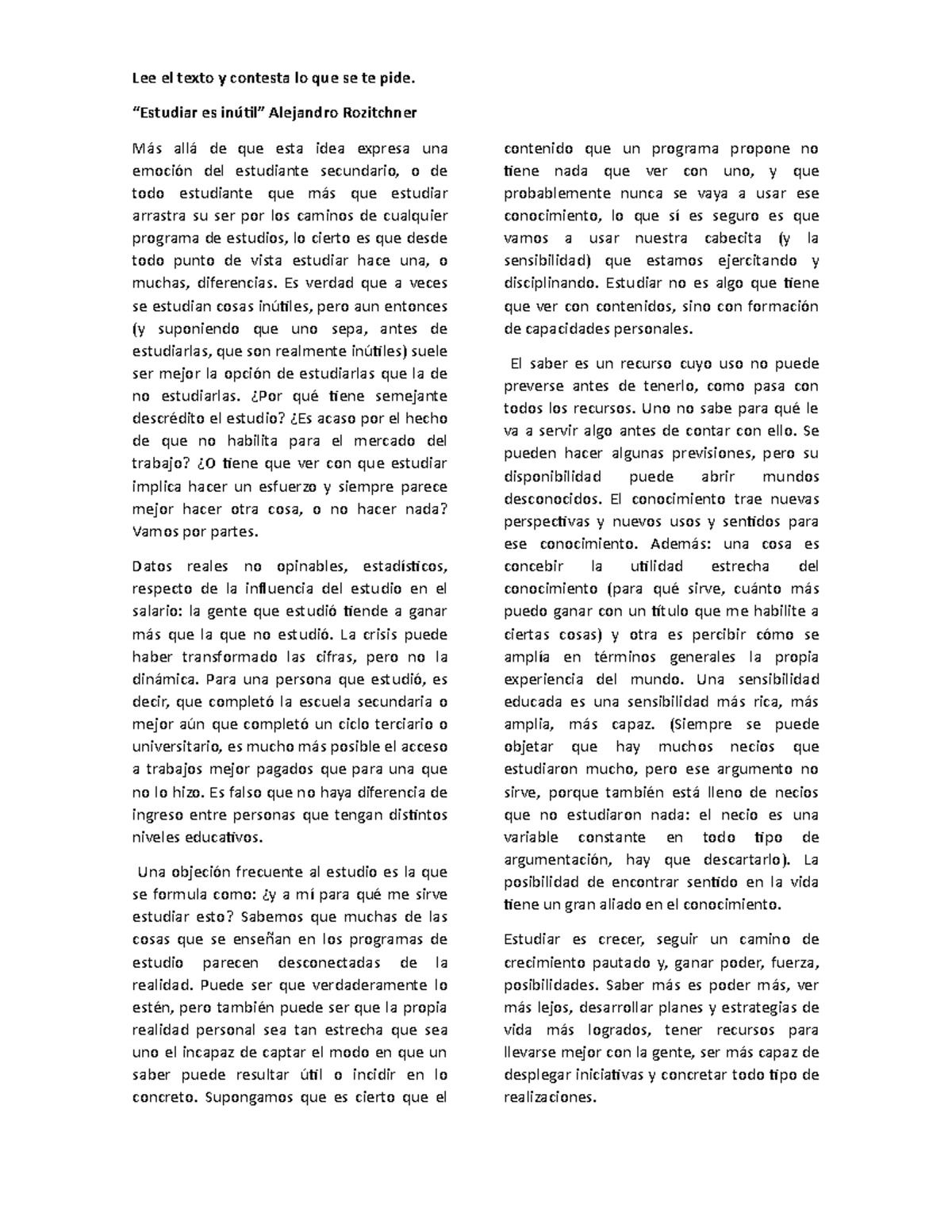 2. Ejercicio de comprensión lectora - Lee el texto y contesta lo que se ...