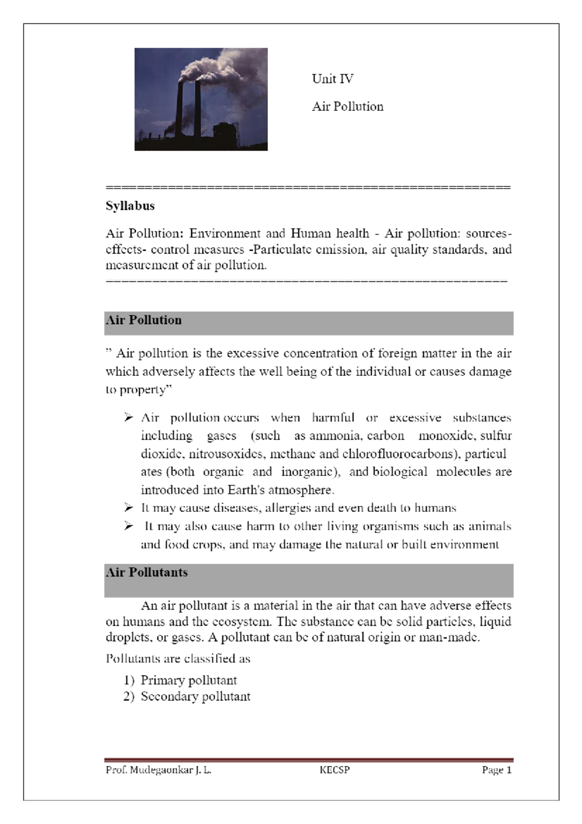 EEE chapter 4 notes - Unit IV Air Pollution Syllabus Air Pollution ...