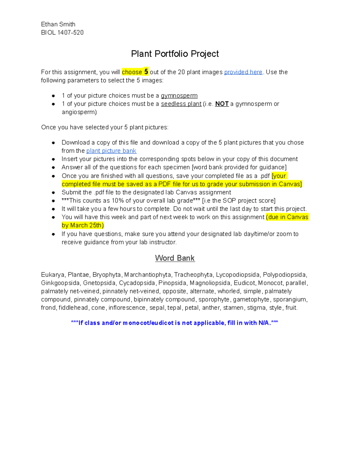 Plant Portfolio Project - BIOL 1407- Plant Portfolio Project For this ...
