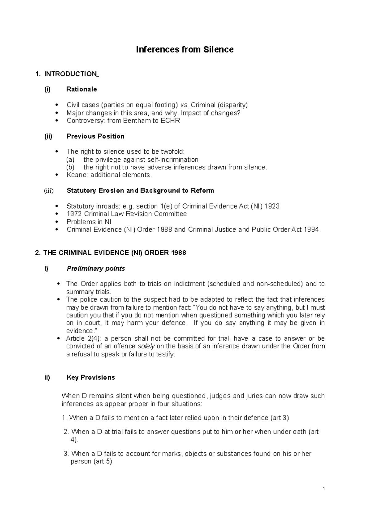 Inferences from Silence Handout (Notes) - LAW6037 - QUB - Studocu