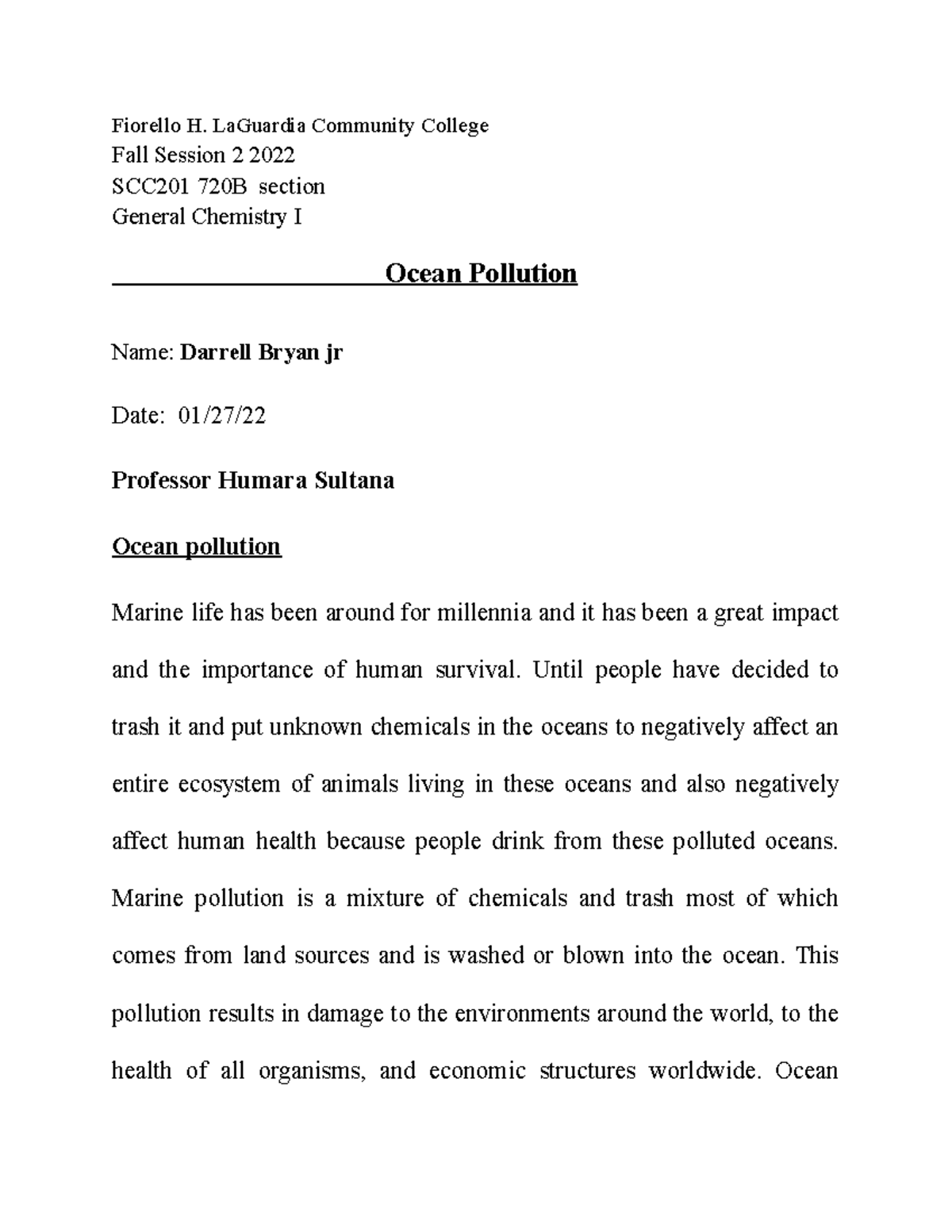 Ocean pollution by darrell bryan jr - Fiorello H. LaGuardia Community ...