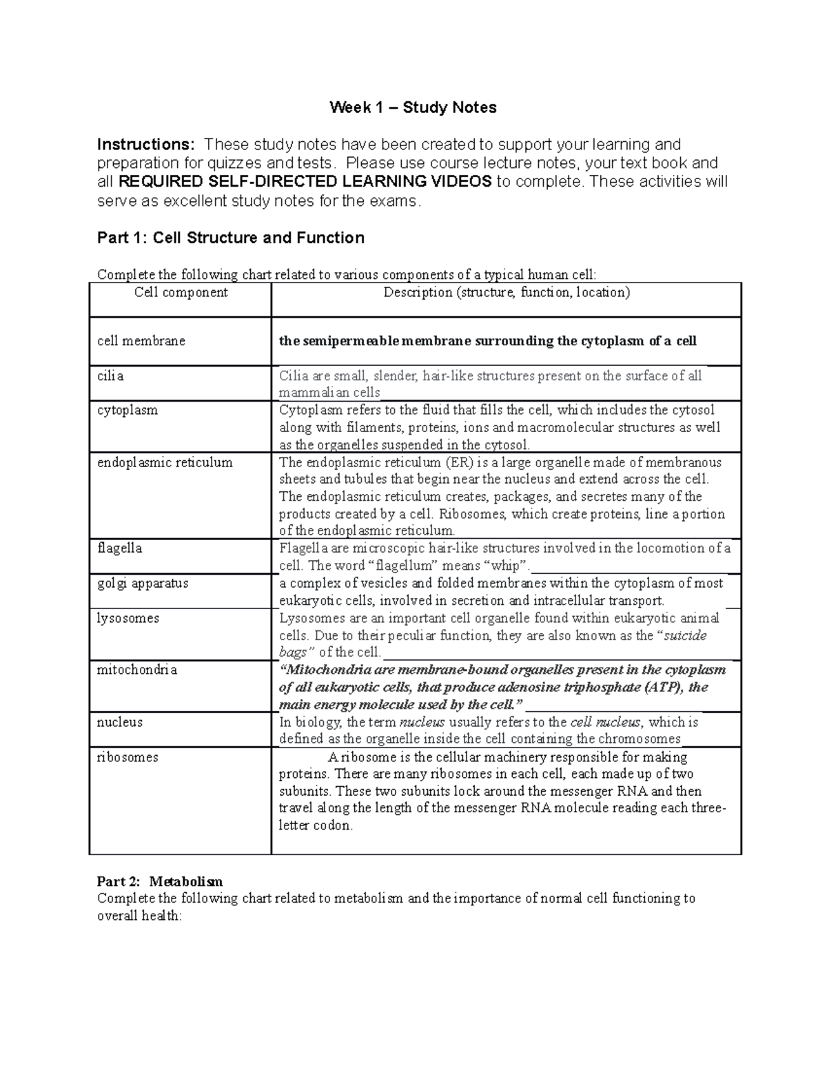 Study notes week 1 anatomy sep 9 - Week 1 – Study Notes Instructions ...
