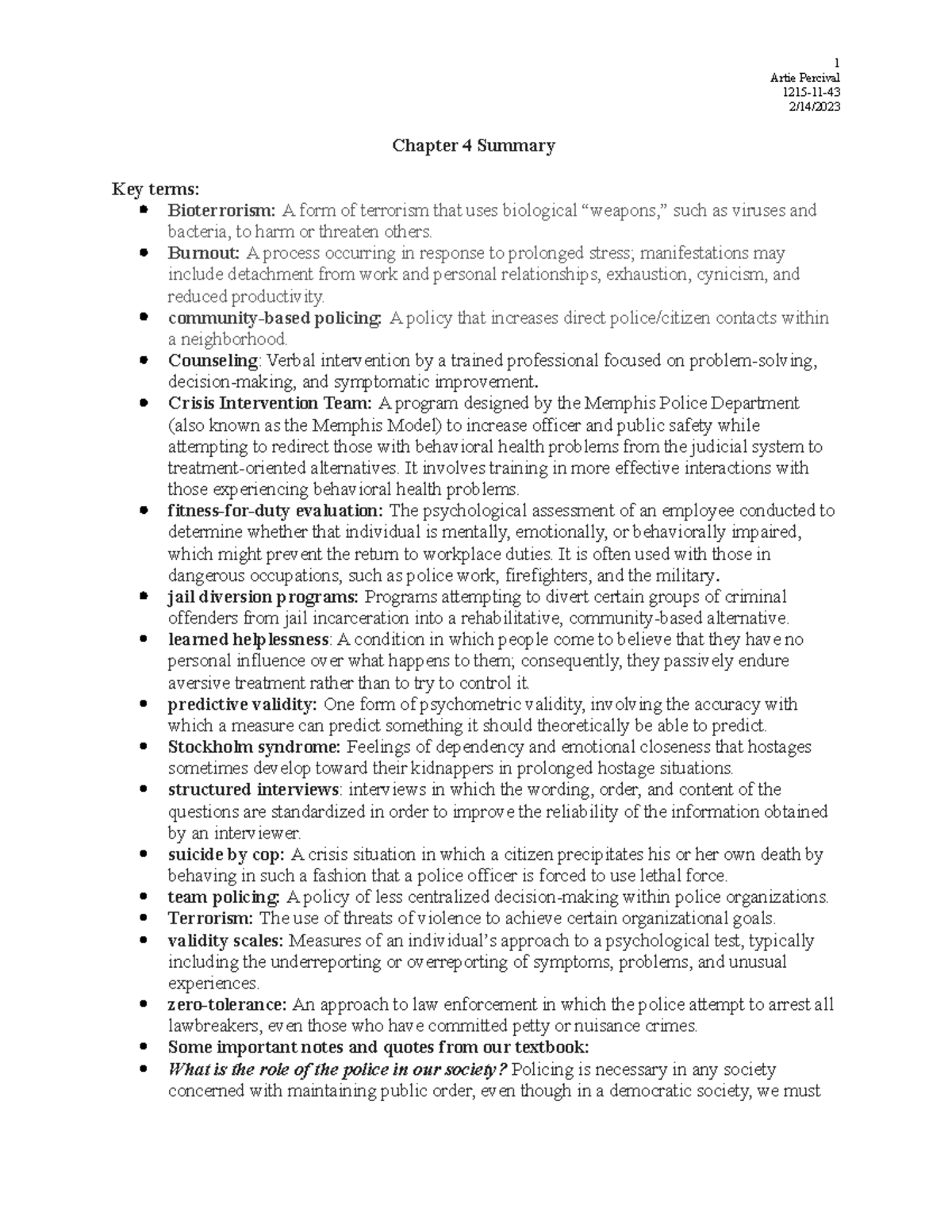 Chap 4 summary - Artie Percival 1215-11- 2/14/ Chapter 4 Summary Key terms: Bioterrorism: A form ...