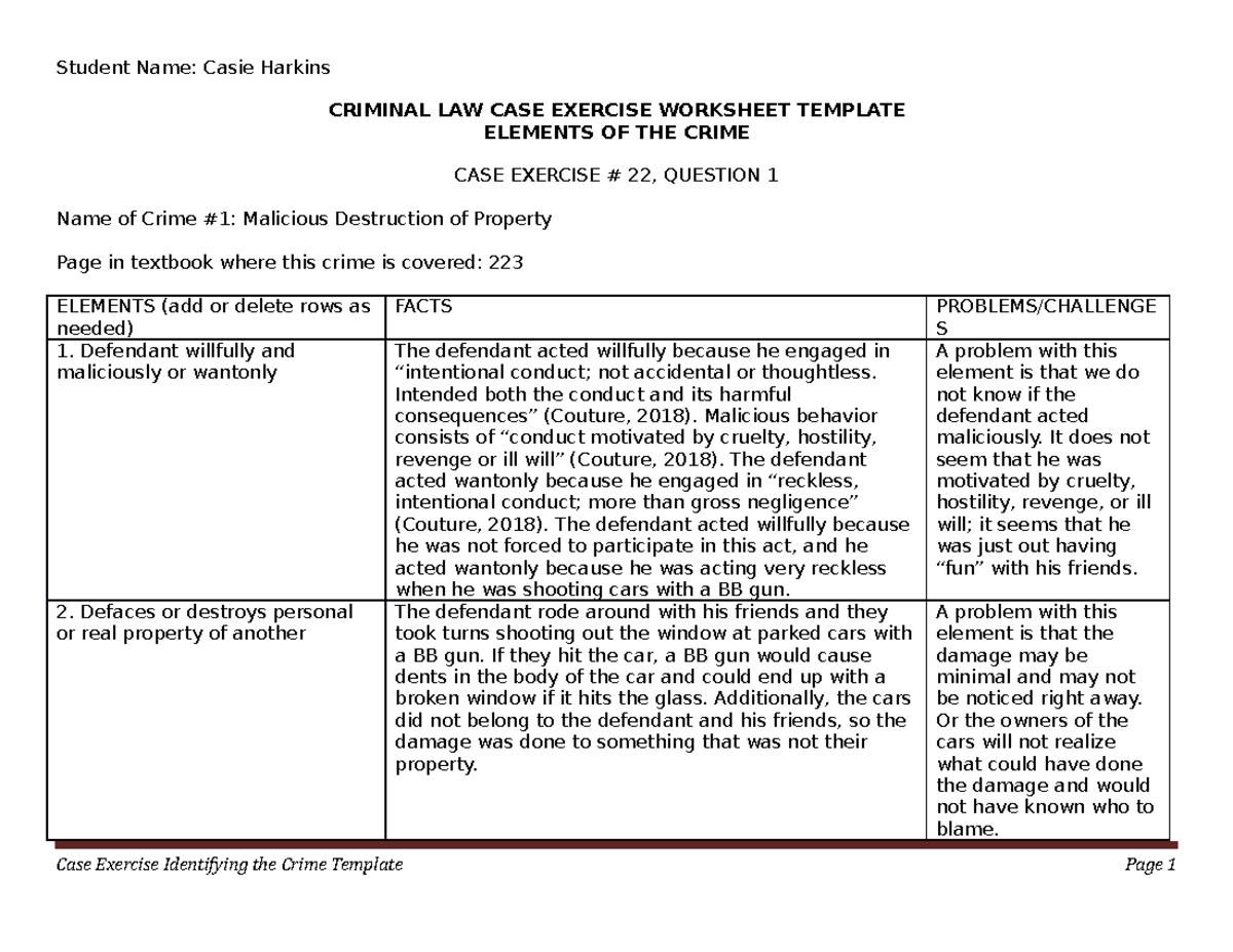 Criminal law case 22 #1 - Student Name: Casie Harkins CRIMINAL LAW CASE ...