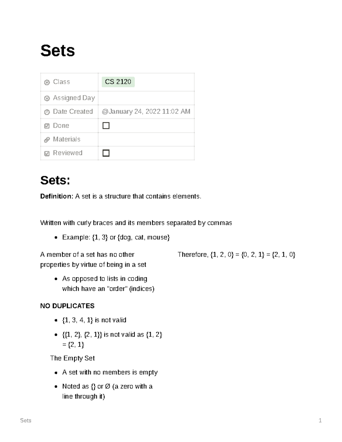 Sets - Sets Notes - Sets Class CS 2120 Assigned Day Date Created Done ...