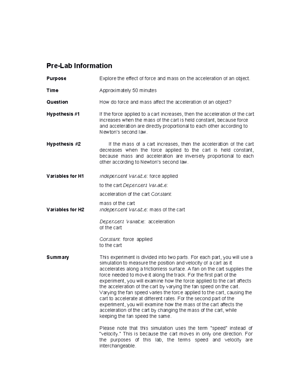 8301 03 04 studentguidevirtuallab - Virtual Lab: Newton’s Second Law Student Guide Pre-Lab - Studocu