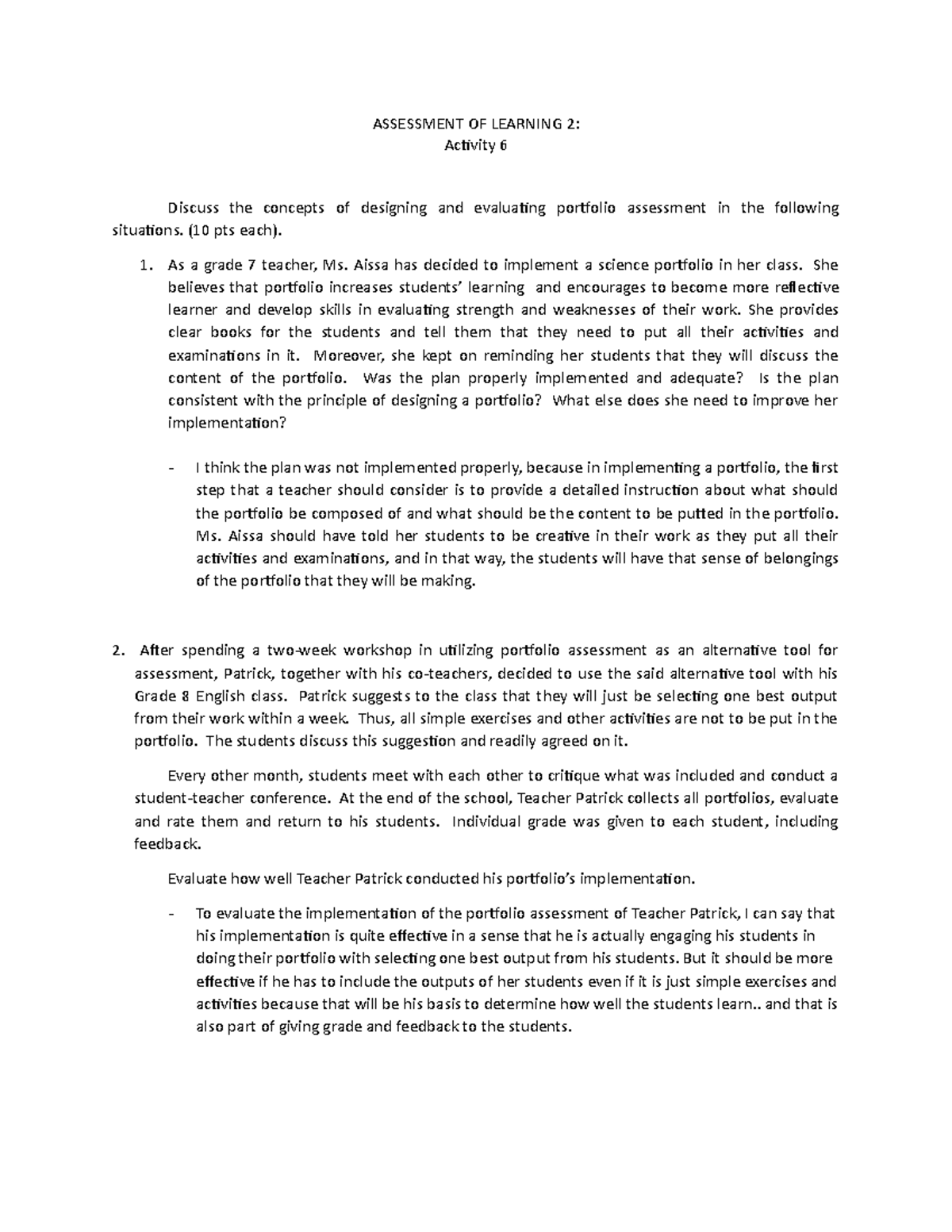 Assessment OF Learning 2 Activity 6 - ASSESSMENT OF LEARNING 2 ...