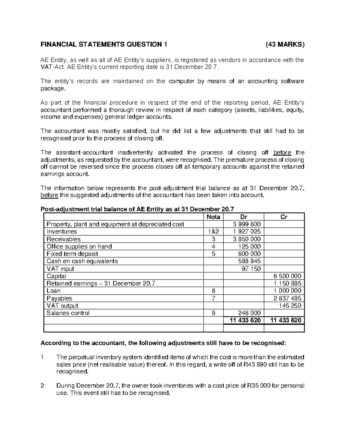 Financial Statements Question 1 - FINANCIAL STATEMENTS QUESTION 1 (43 ...