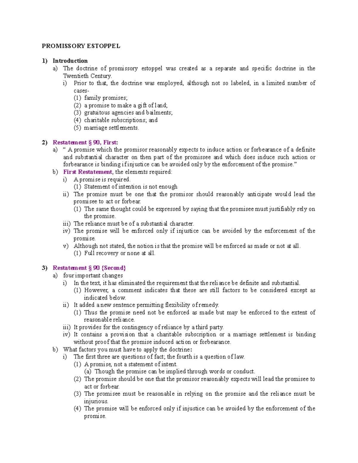 Contracts Law Outline - 1 - PROMISSORY ESTOPPEL Introduction a) The ...