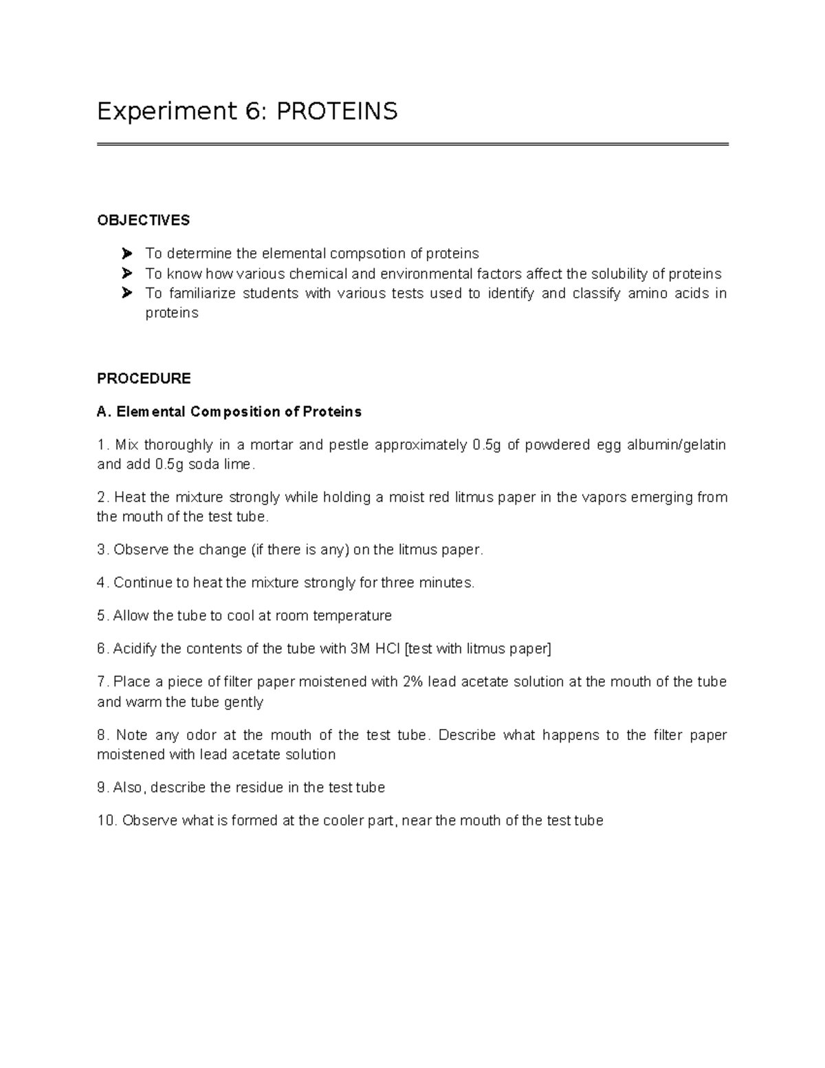 Bio Chem - Experiment 6 - Post Lab - Experiment 6: PROTEINS OBJECTIVES To determine the ...