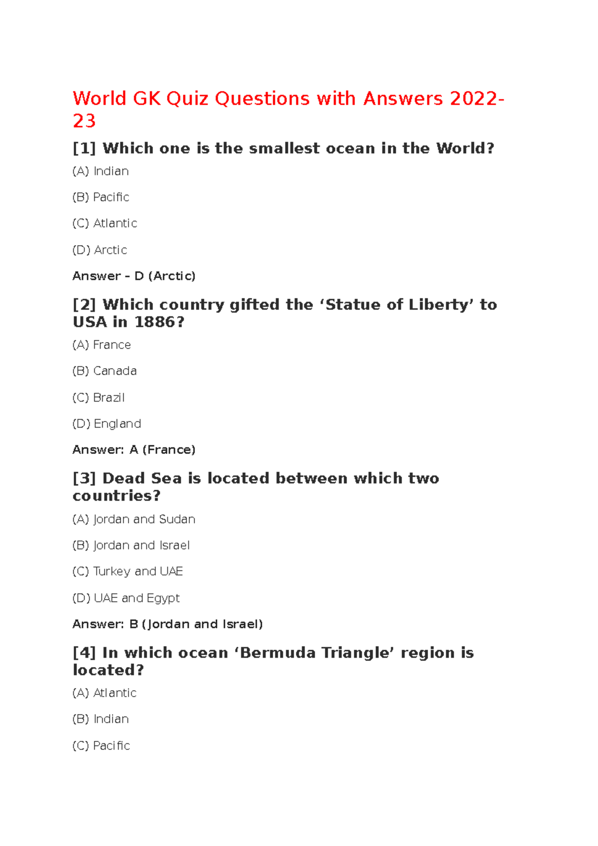 World GK Quiz Questions with Answers 2022 - Studocu