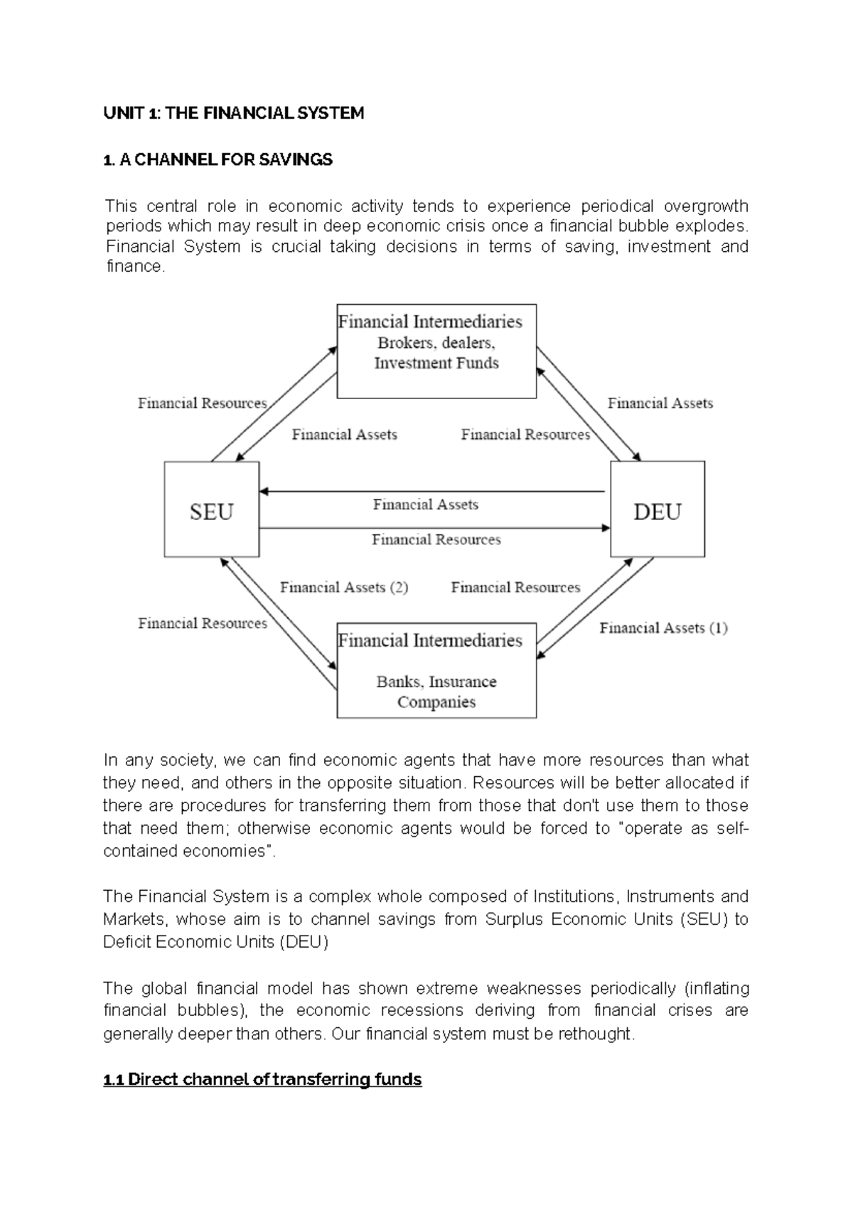 Apuntes Institutions - UNIT 1: THE FINANCIAL SYSTEM 1. A CHANNEL FOR ...