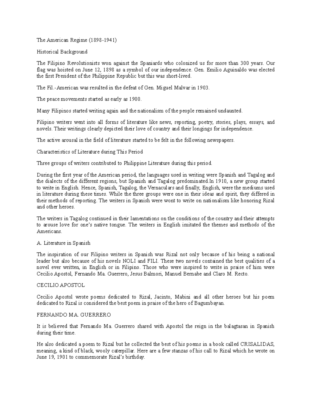 The American Regime - Lecture notes 5 - World Literature - TIP - Studocu