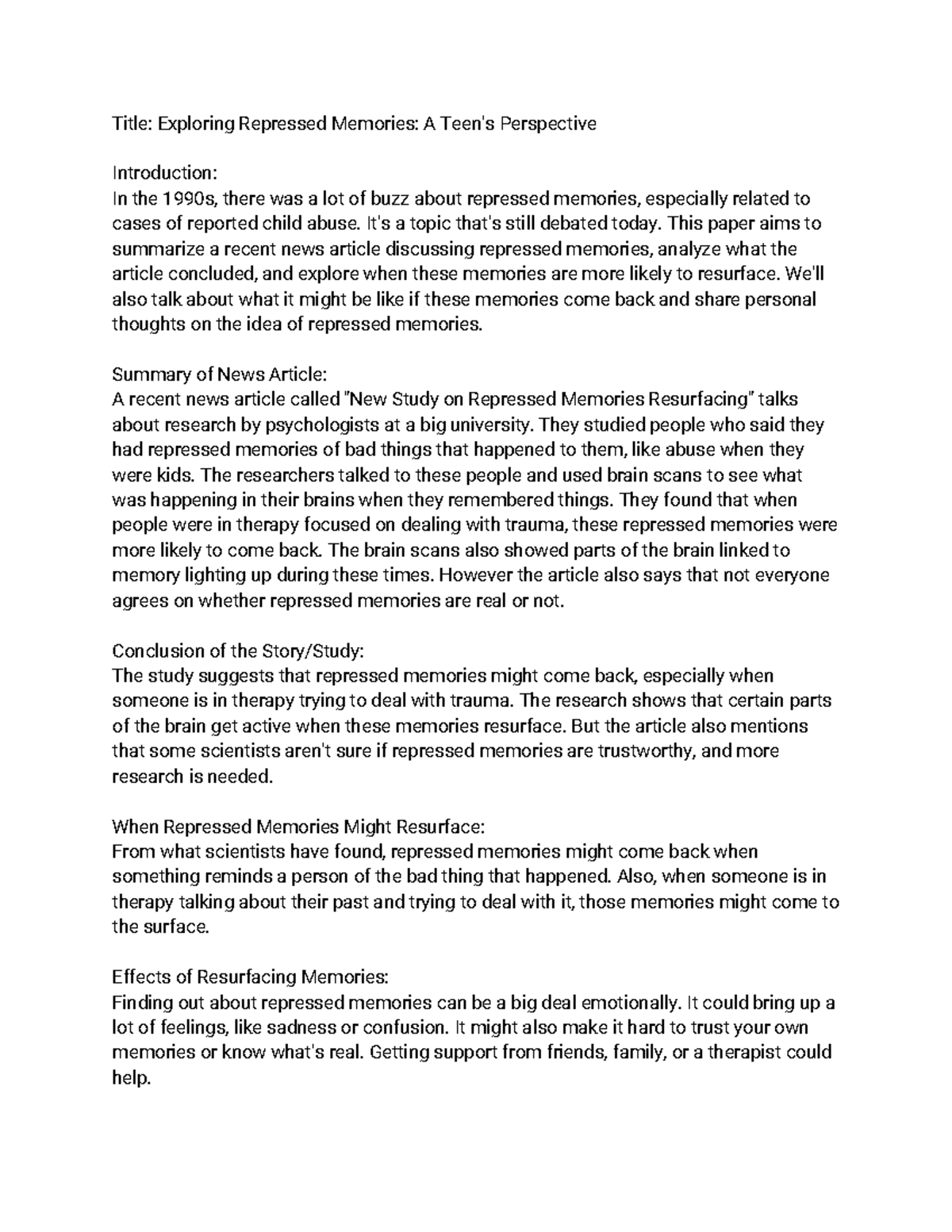 PSYC 1504-01 - AY2024-T3 Written Assignment Unit 4 - Title: Exploring Repressed Memories: A Teen ...