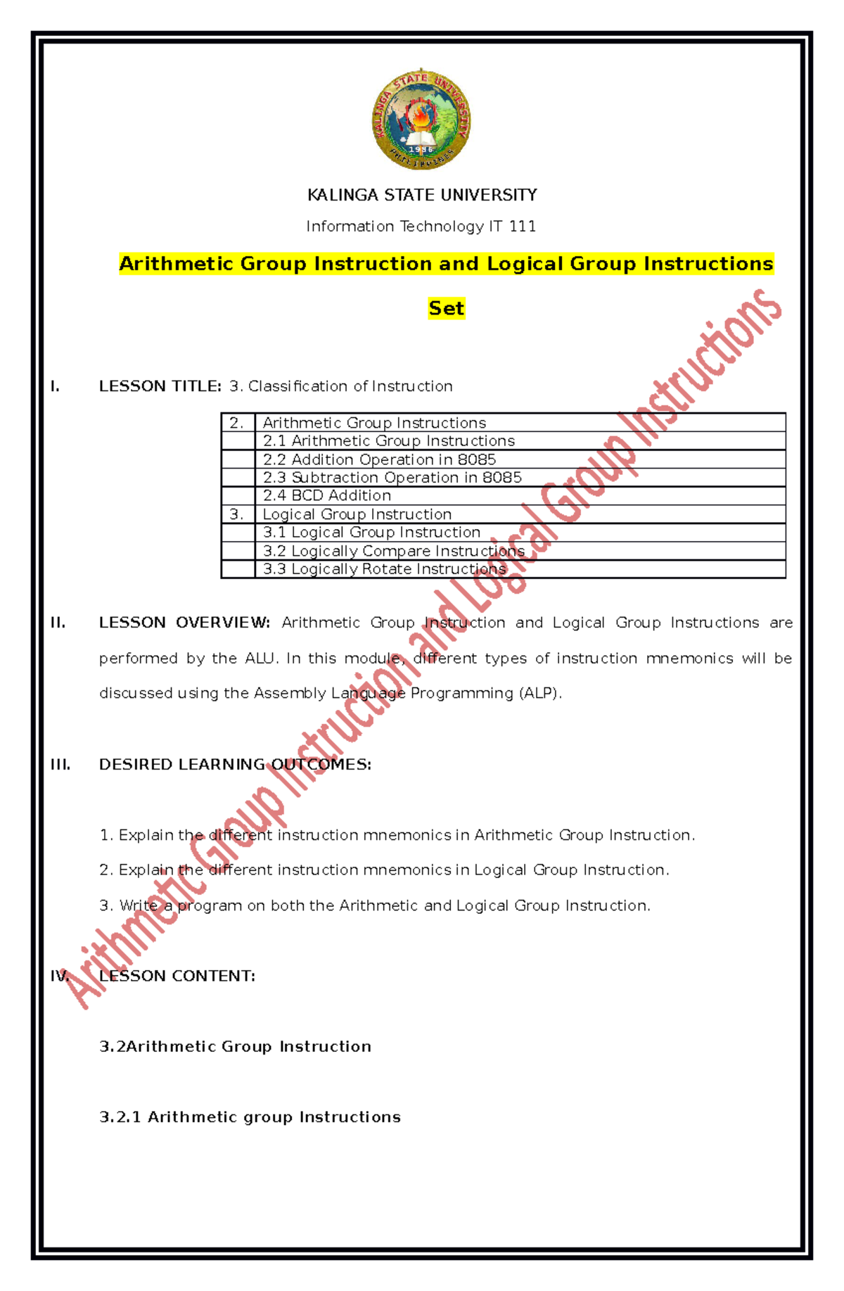 Arithmetic Group Instruction and Logical Group Instructions - LESSON TITLE: 3. Classification of ...