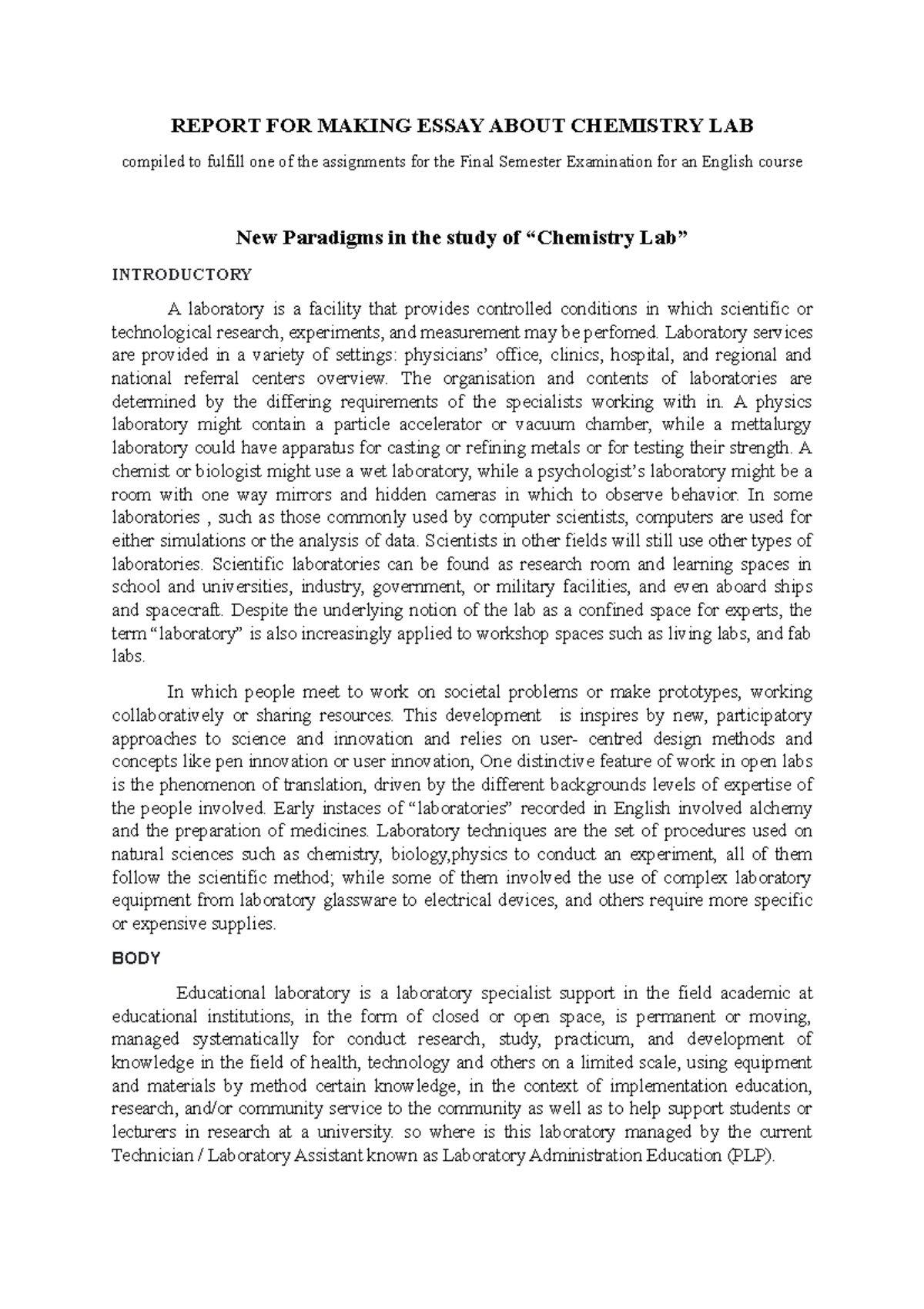 Essay About New Paradigms in the study of chemistry lab - REPORT FOR ...