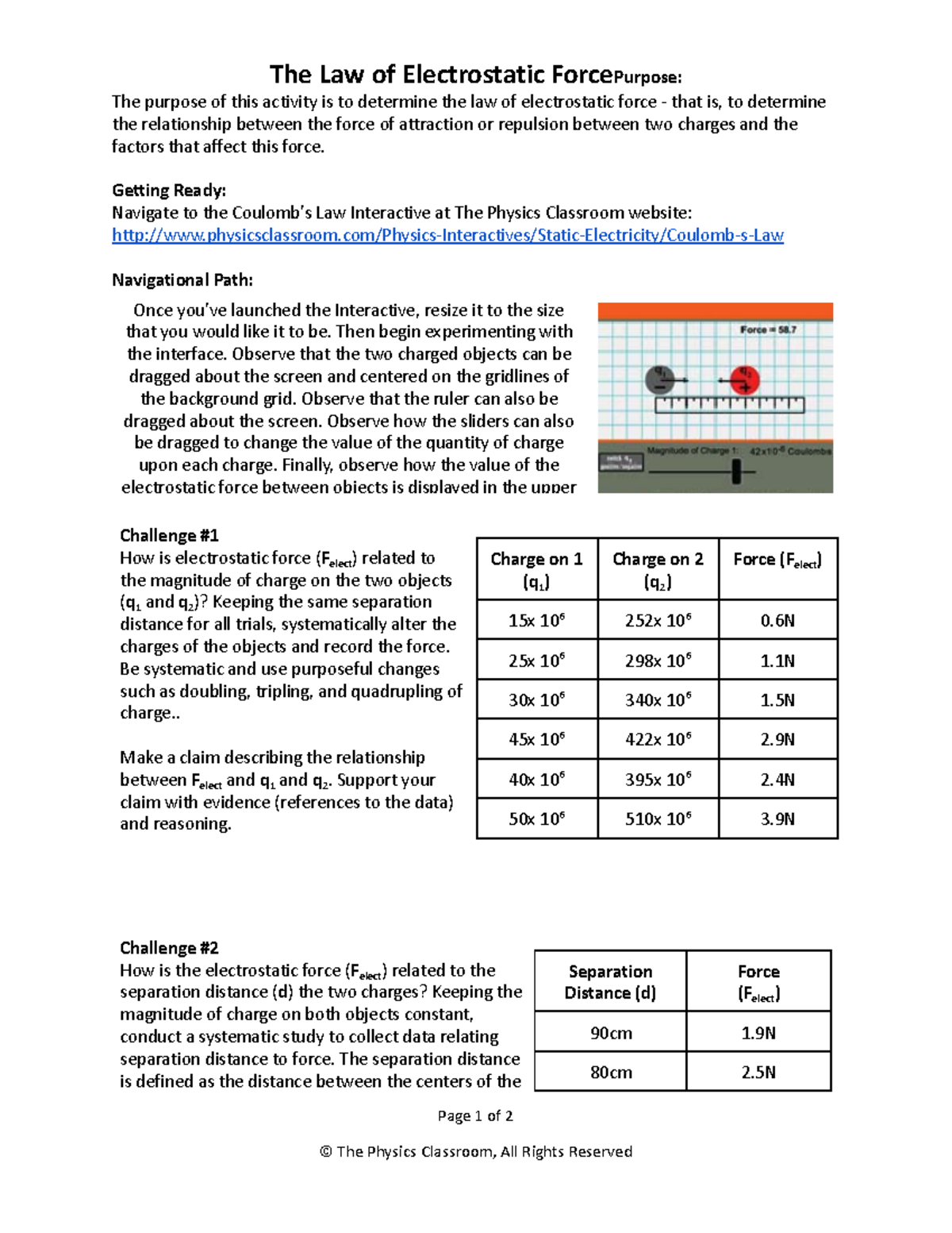 Copy of Coulomb's Law - Exploration Activity - The Law of Electrostatic ...