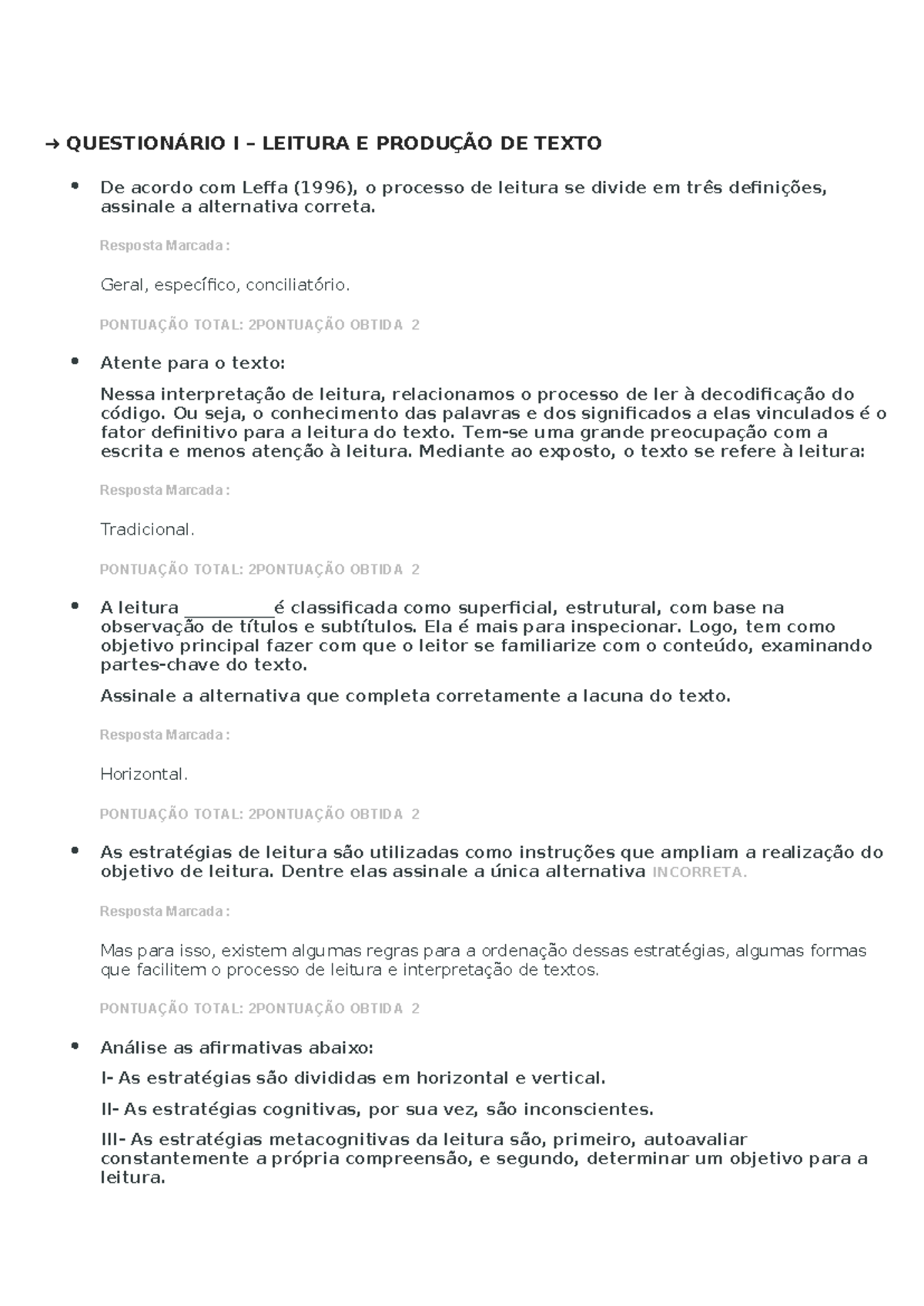 Questionário Leitura e produção de Texto 1 e 2 - QUESTIONÁRIO I ...
