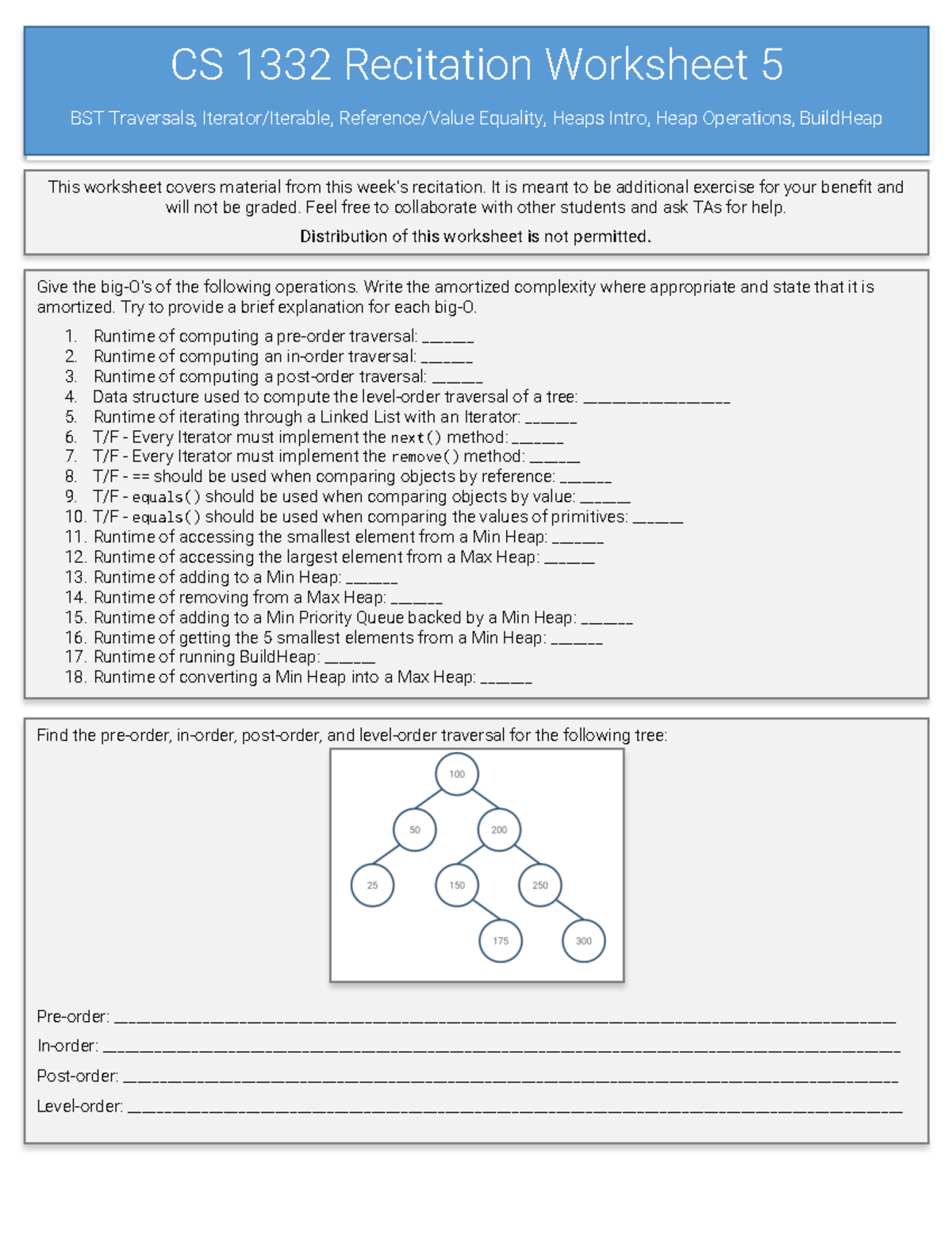 Worksheet 05 - CS 1332 Recitation Worksheet 5 BST Traversals, Iterator/Iterable, Reference/Value ...
