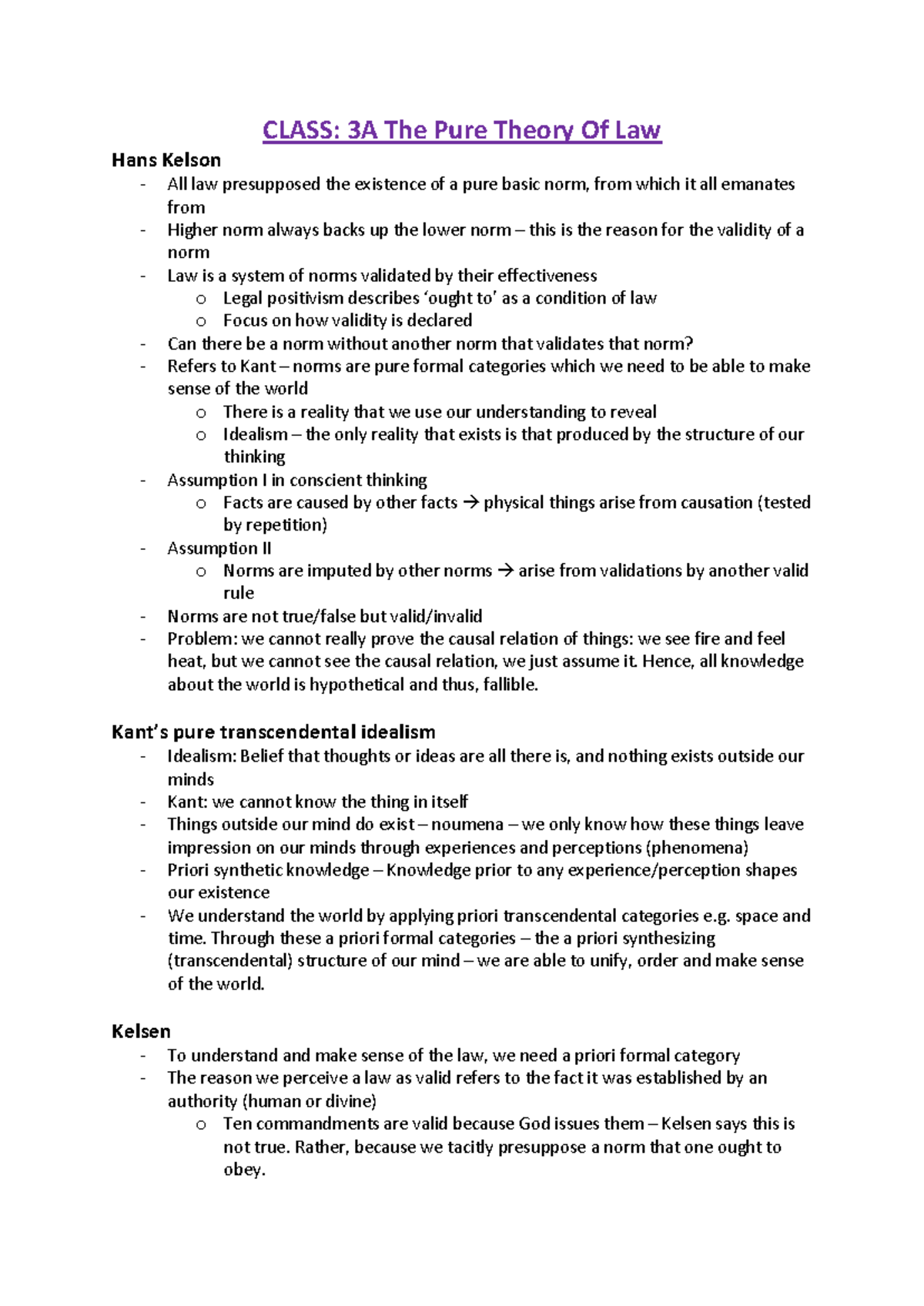 Legal theory week 3 - CLASS: 3A The Pure Theory Of Law Hans Kelson All ...