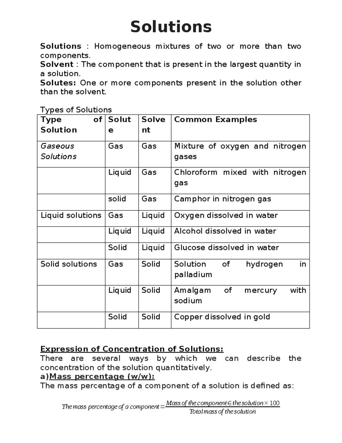 Chapter 2 - Solutions Solutions : Homogeneous mixtures of two or more ...