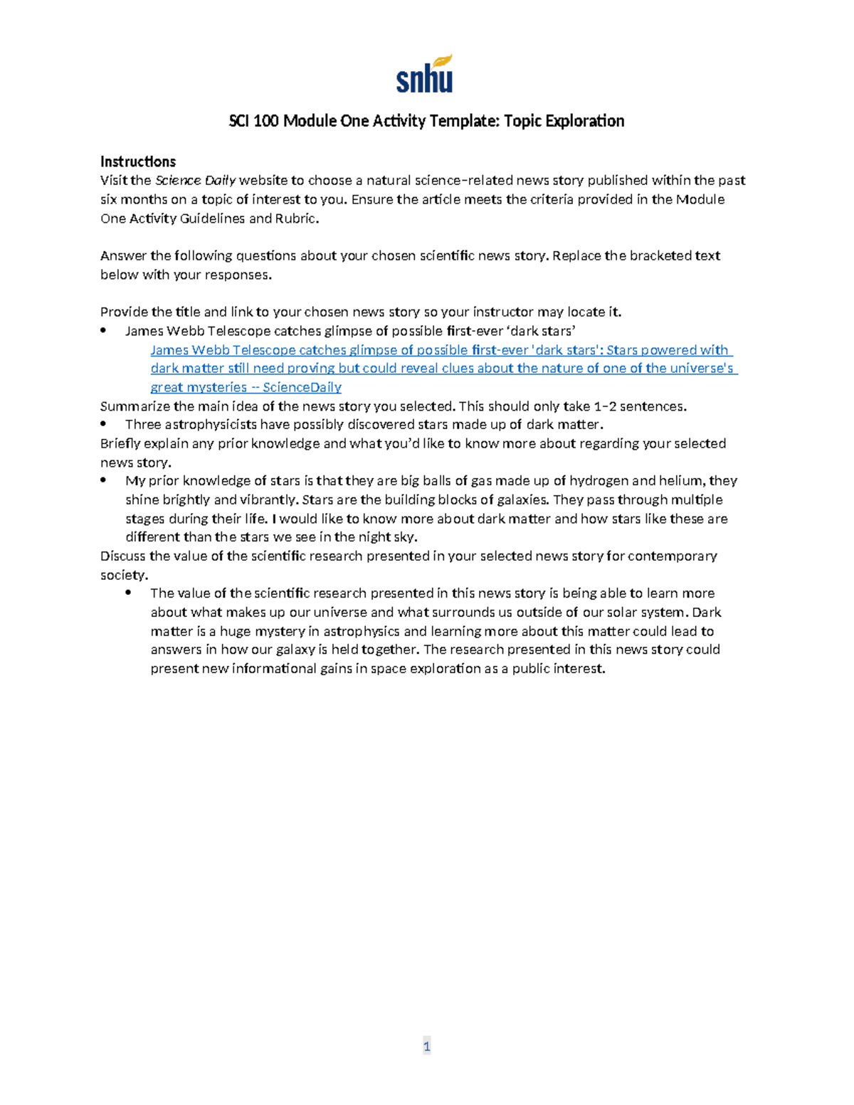 SCI 100 Module One Activity Template - Ensure the article meets the ...