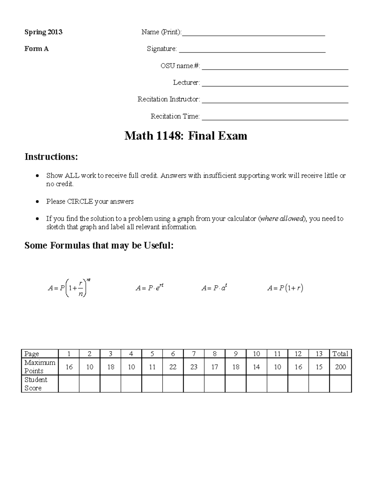 Math1148 Sample Final Exam - Spring 2013 Name (Print
