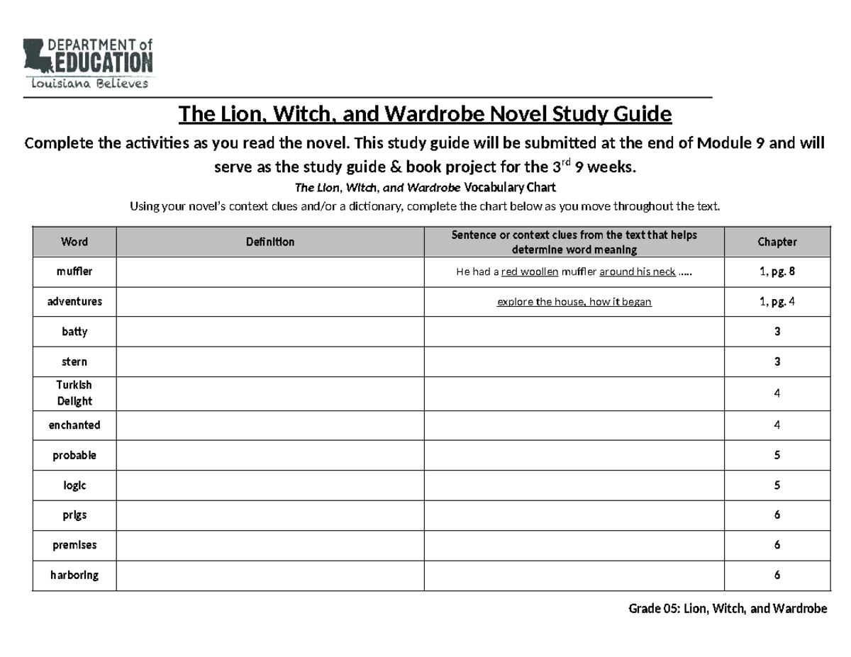 LWW+Study+Guide - Very coool and great - The Lion, Witch, and Wardrobe ...