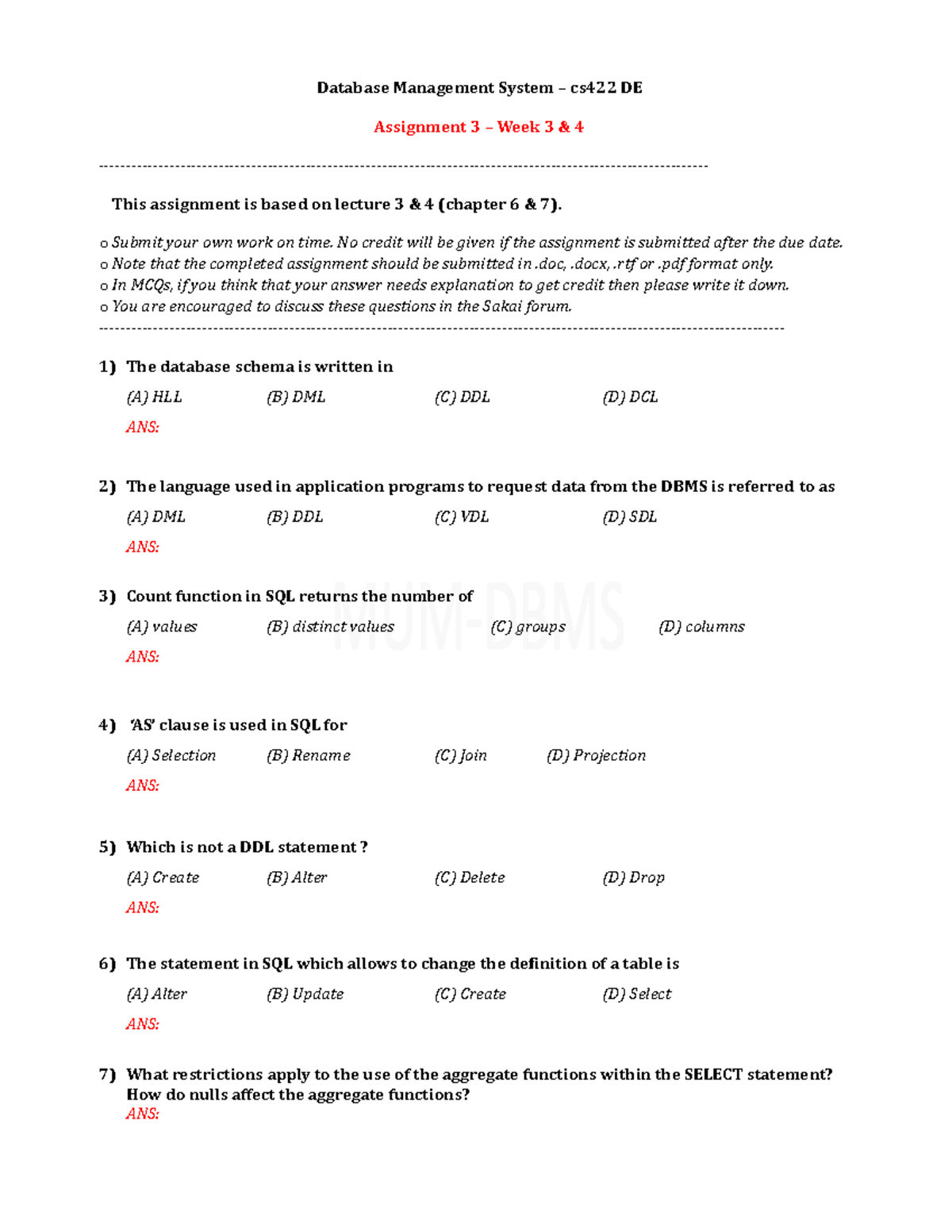 Assignment 3 - Wk 3 4 - ASSIGNMT - Database Management System – cs422 DE Assignment 3 – Week 3 ...