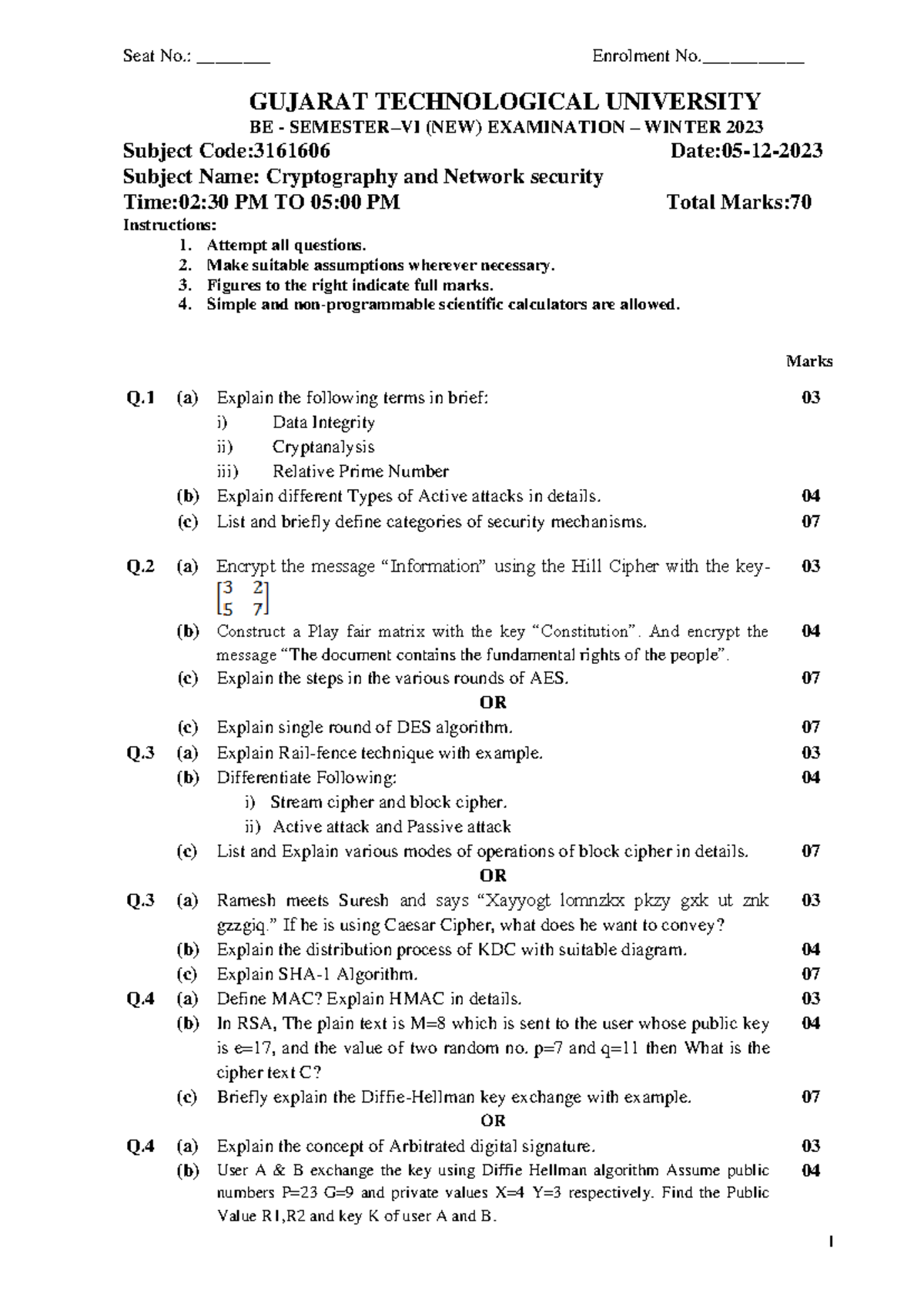 3161606 - paper - 1 Seat No.: ________ Enrolment No.___________ GUJARAT ...