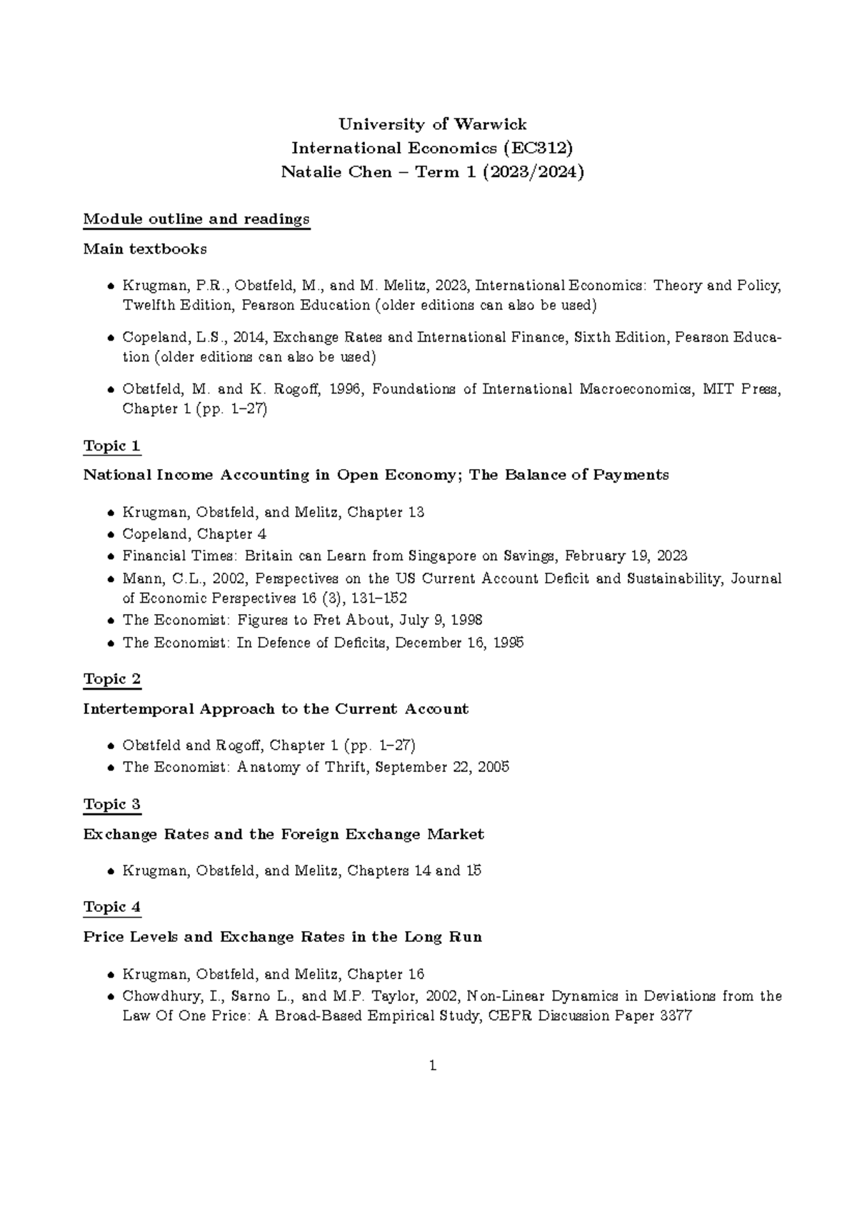 Reading List - University of Warwick International Economics (EC312 ...