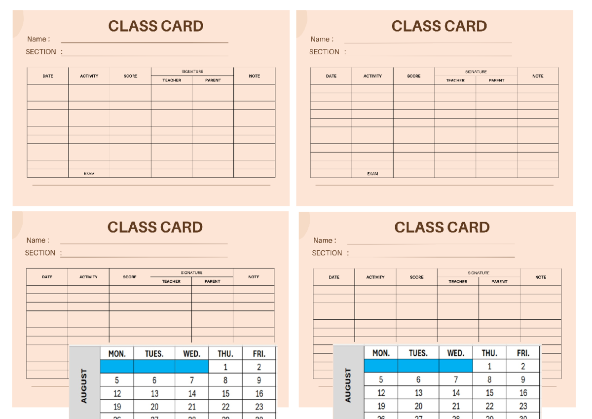 Activity sheet - CLASS CARD CLASS CARD Name : Name : SECTION : SECTION ...