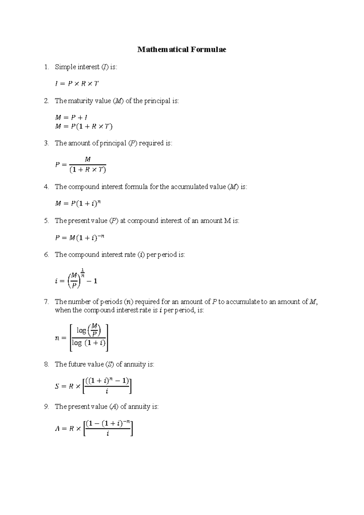 Formulae sheet - Mathematical Formulae Simple interest (I) is ...
