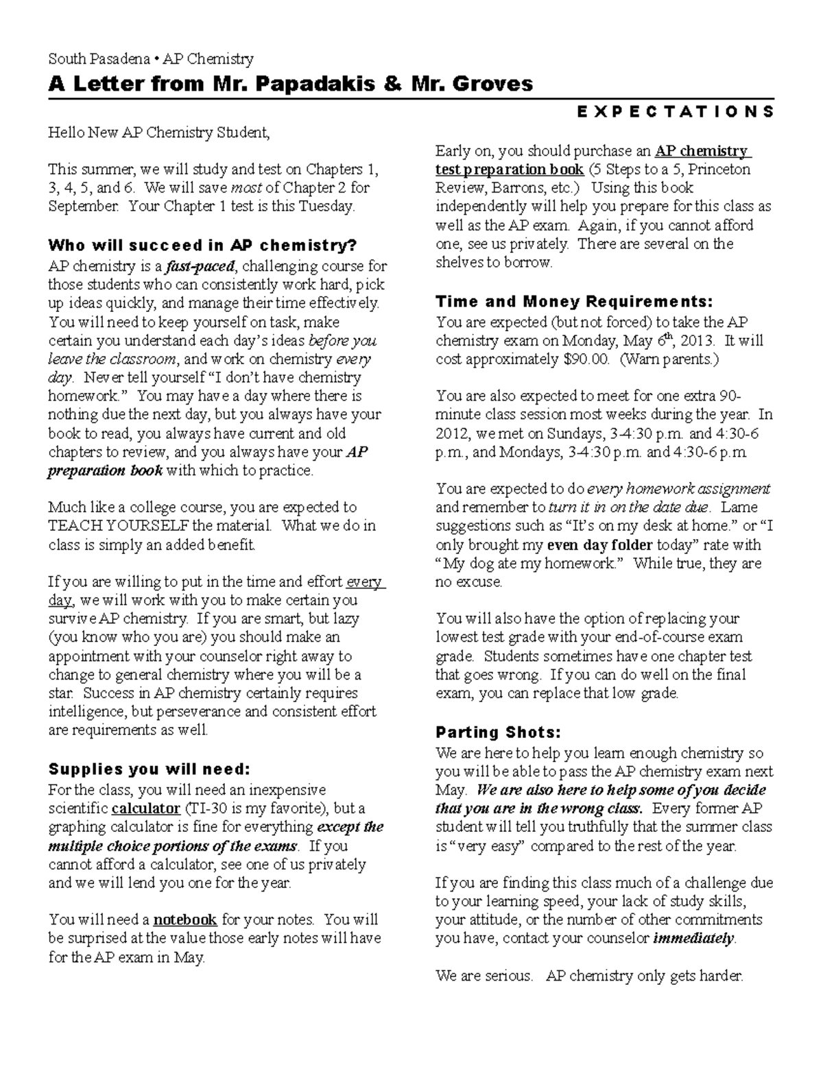 Apch01 expectations - South Pasadena • AP Chemistry A Letter from Mr ...