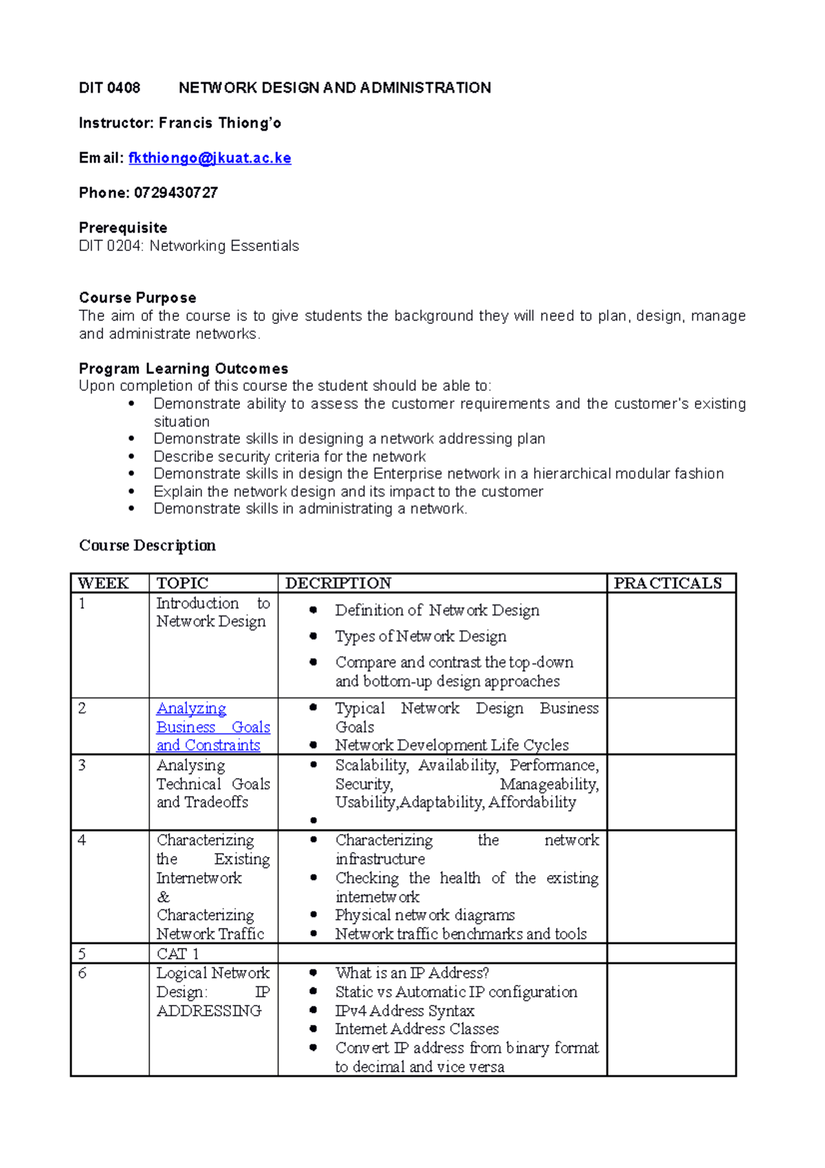 DIT 0408 Network Design AND Admiistration Course Outline - DIT 0408 ...