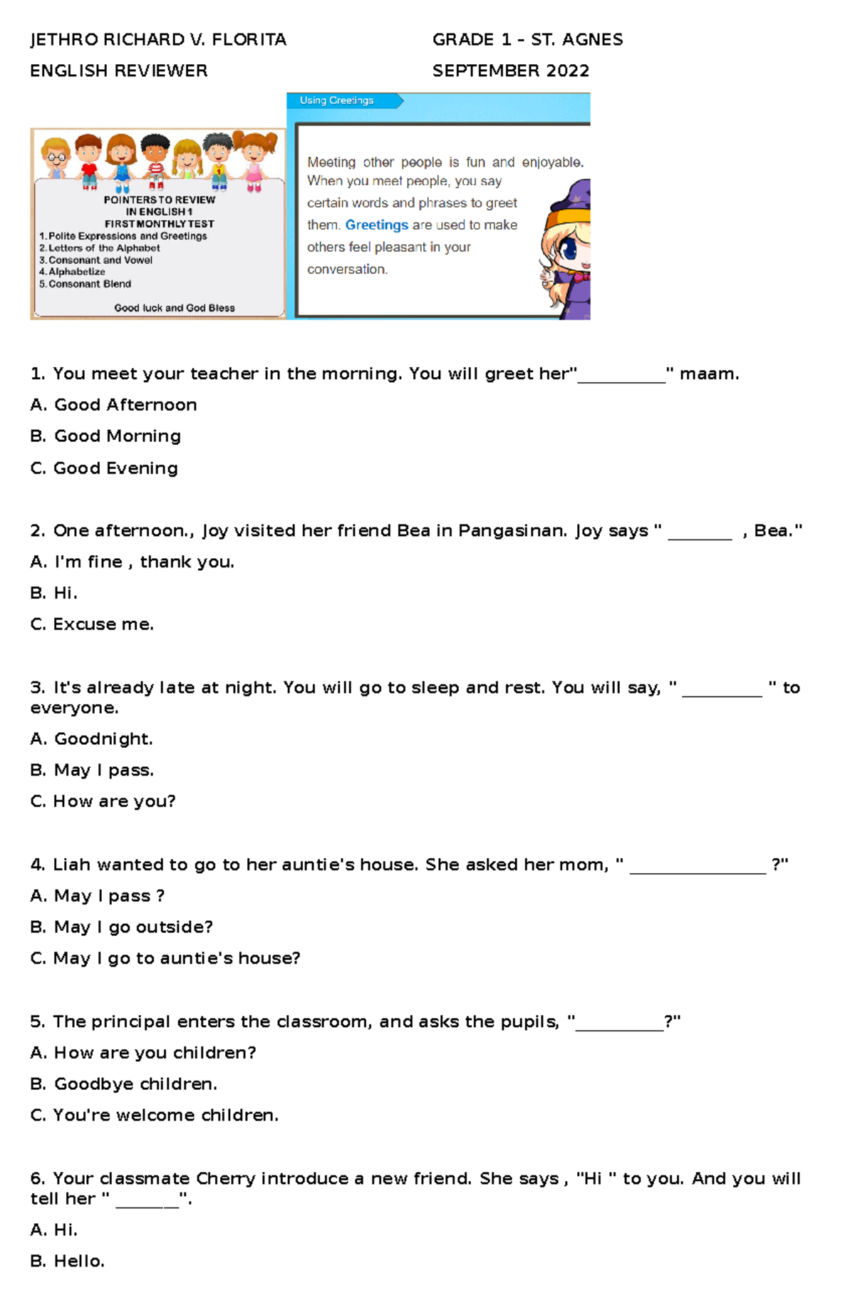 English Reviewer SEPT 2022 - JETHRO RICHARD V. FLORITA GRADE 1 – ST ...