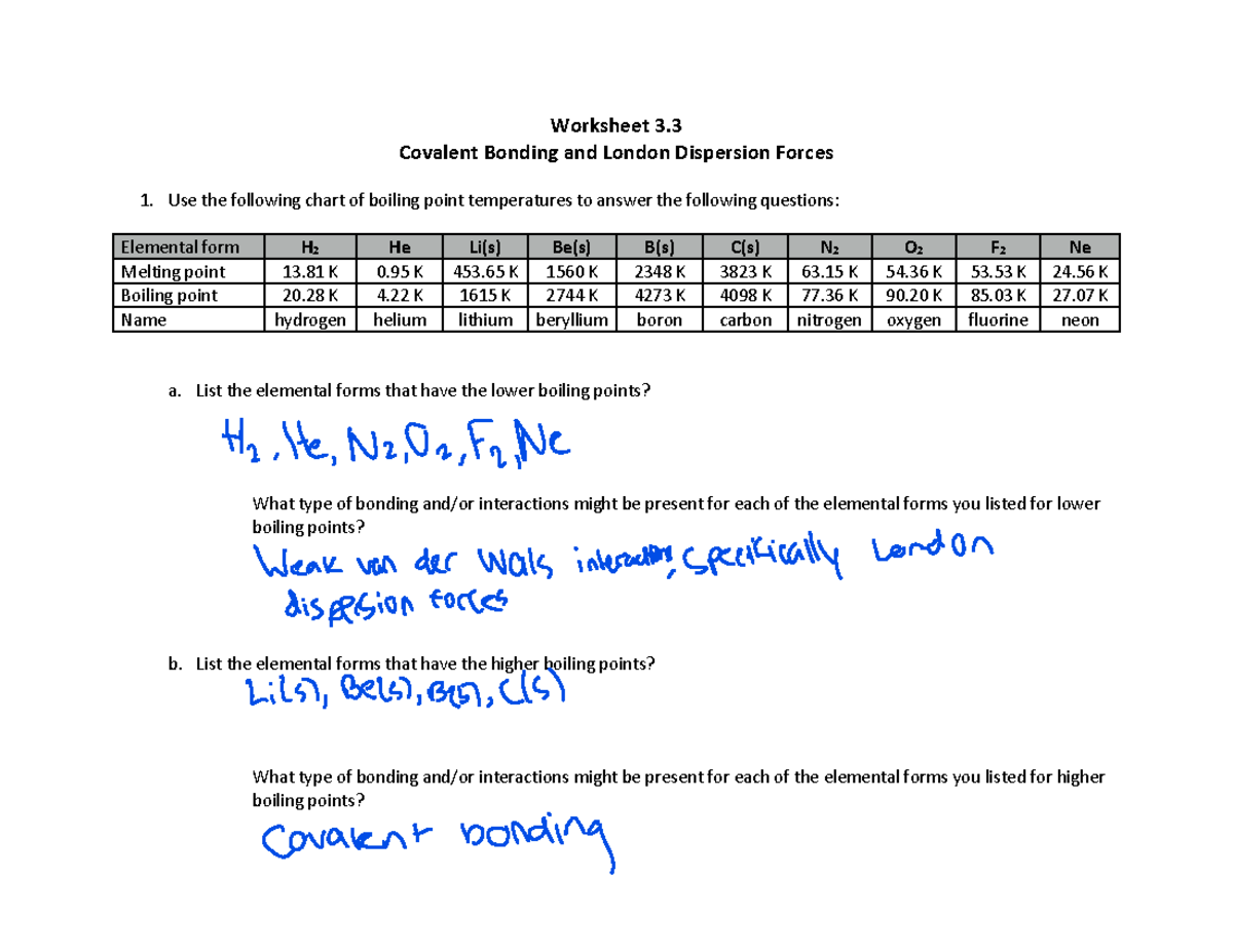 CHEM1061 CLUE Wksht 3.3 - Worksheet 3. Covalent Bonding and London ...