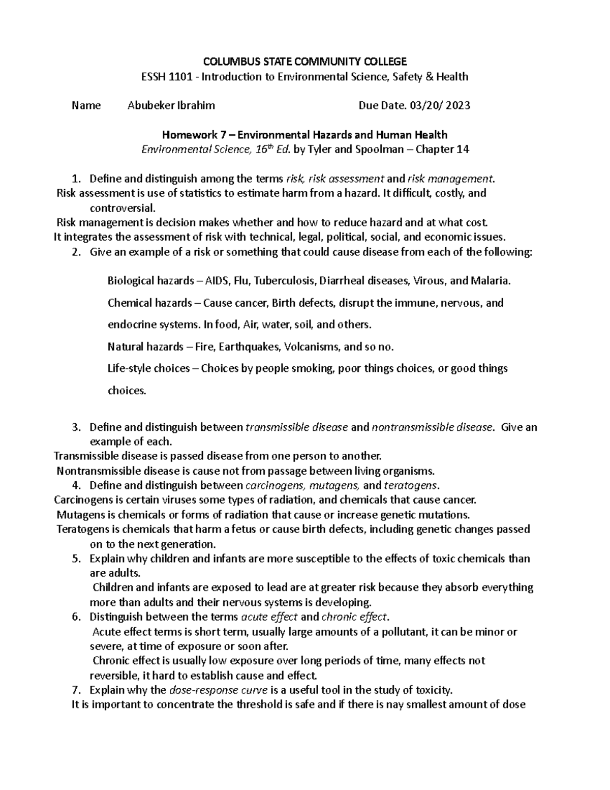 Abubeker ESSH Unit 07 - thanks - COLUMBUS STATE COMMUNITY COLLEGE ESSH ...