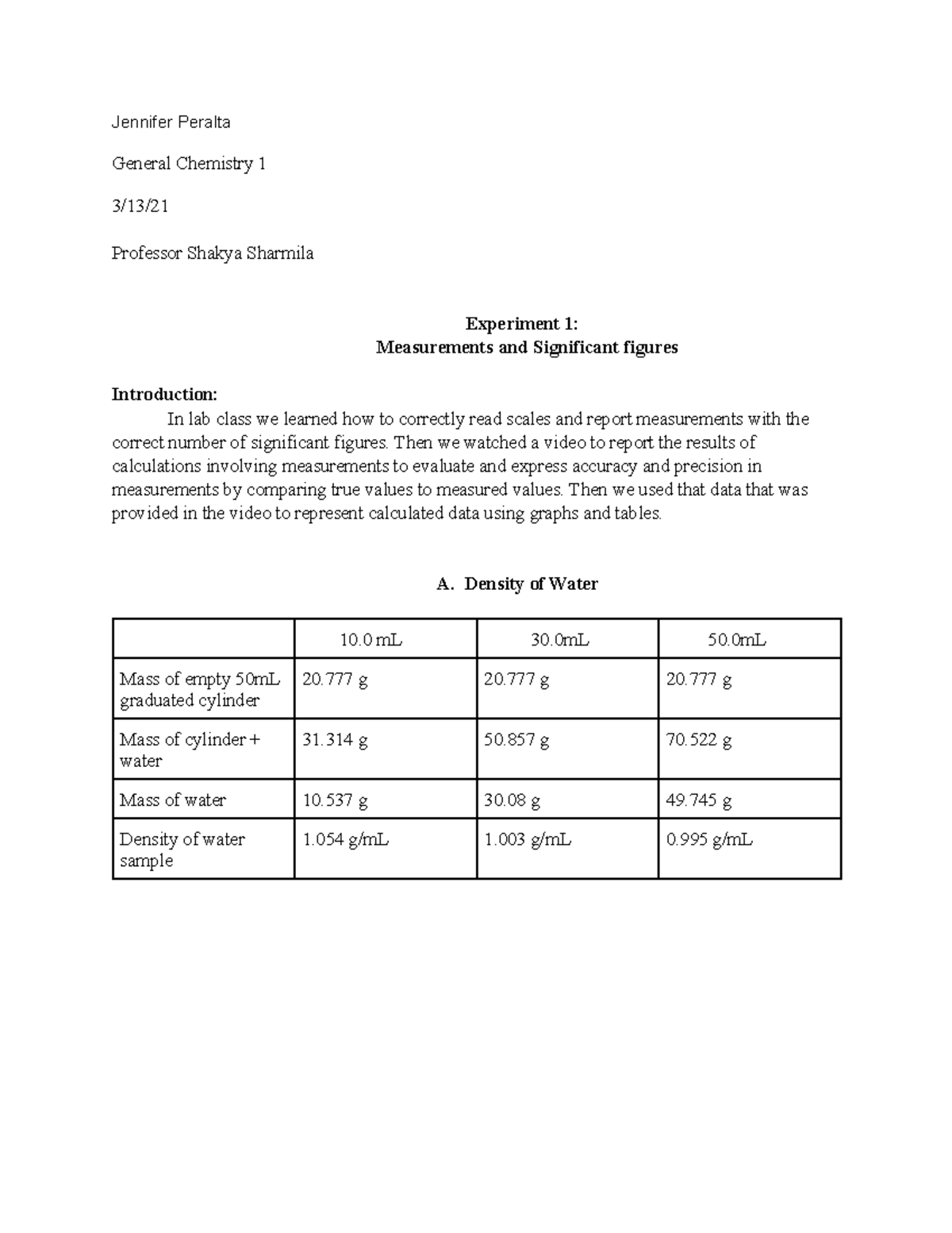 Lab report 1 general chem - Jennifer Peralta General Chemistry 1 3/13 ...