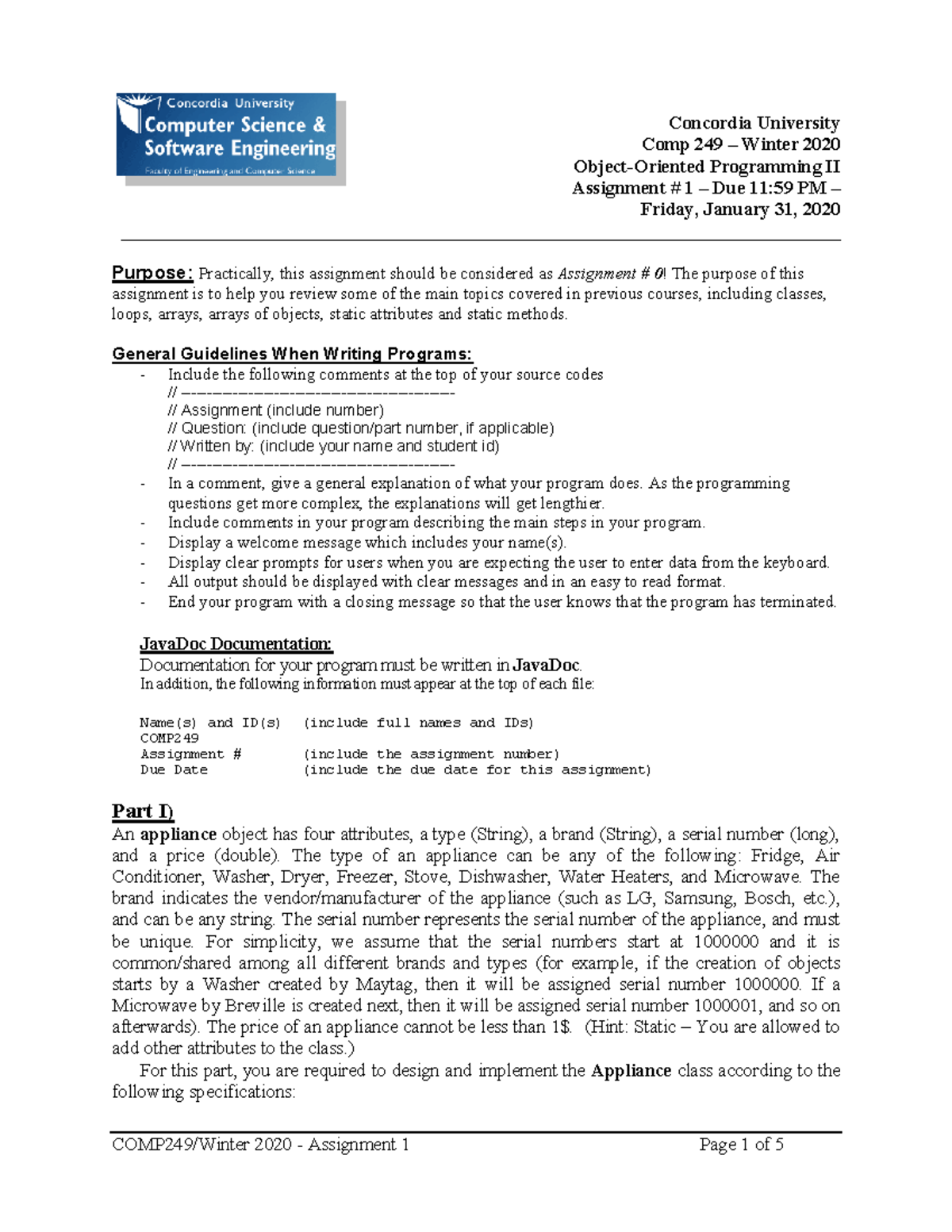 Comp249 W20 Assignment 1 - Concordia University Comp 249 – Winter 2020 ...