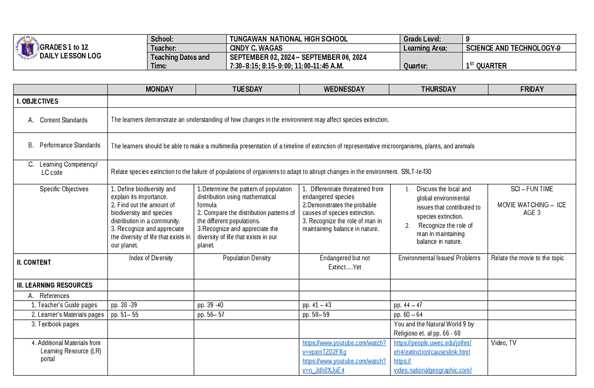 DIV. DLL Science 9 - Biodiversity and Evolution - GRADES 1 to 12 DAILY ...