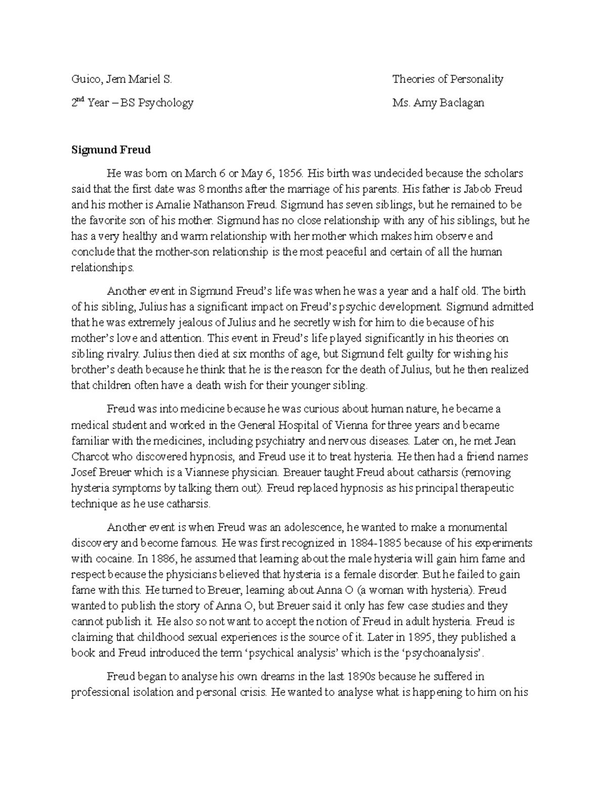 Guico - Sigmund Freud (Psychoanalytic Theory) - Guico, Jem Mariel S ...