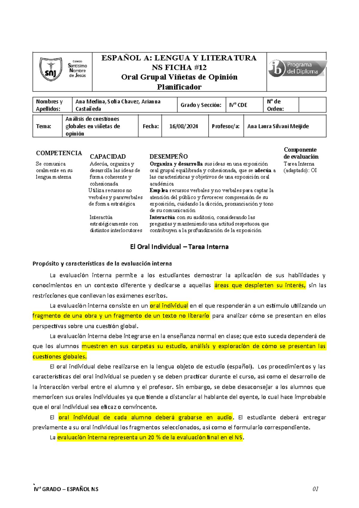 Ficha #12 Oral Grupal viñetas planificación - ESPAÑOL A: LENGUA Y ...